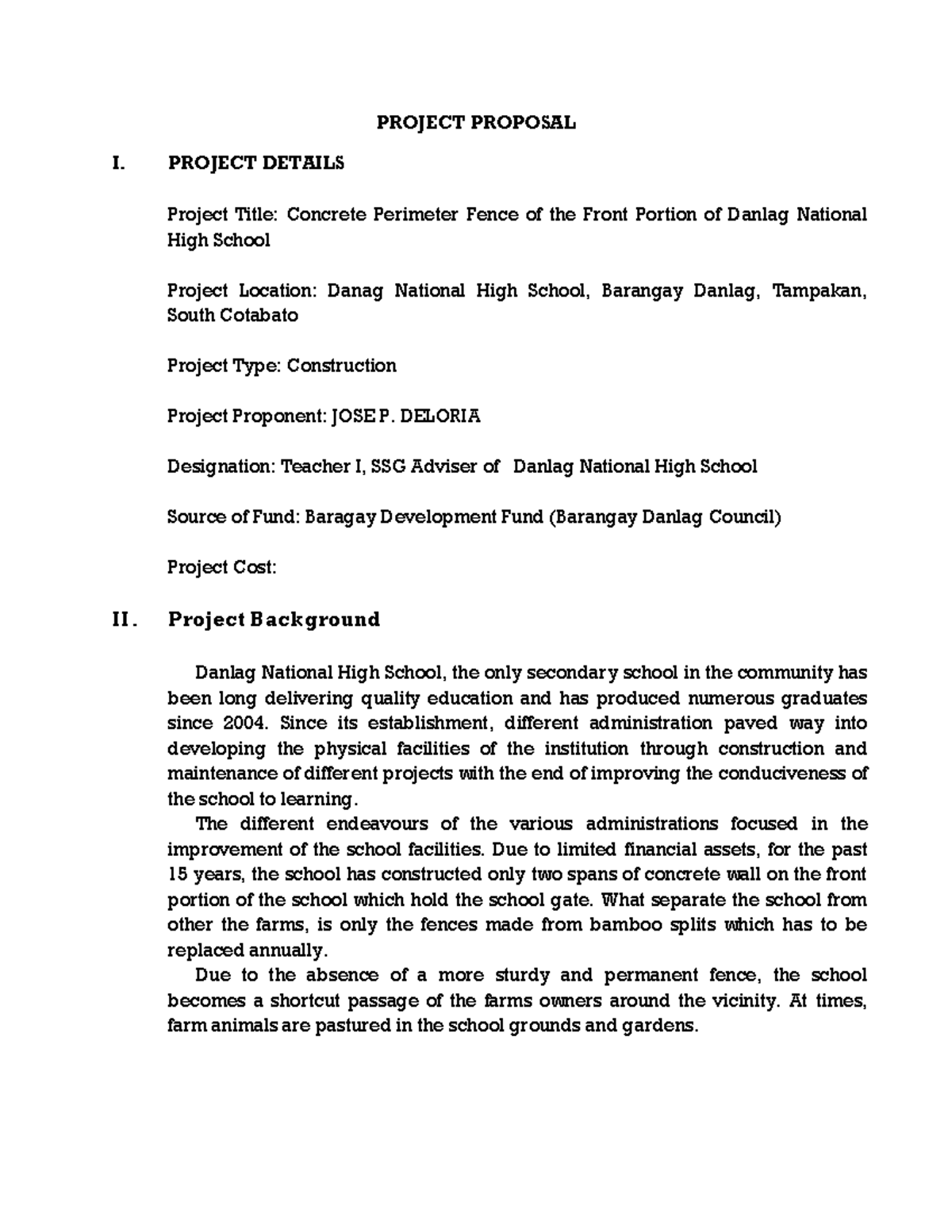 Project Proposal: Concrete Perimeter Fence for Danlag National HS - Studocu