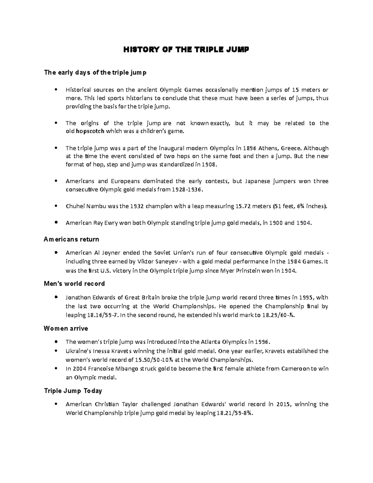Triple Jump History and Warm-up Exercise - HISTORY OF THE TRIPLE JUMP ...