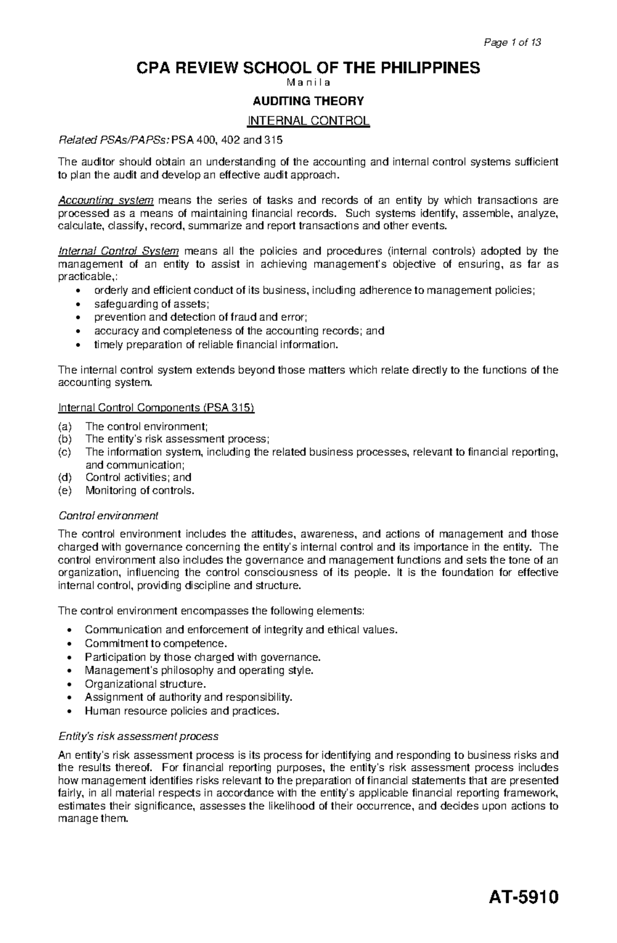 AT-5910 Internal Control Overview and Key Components - Studocu