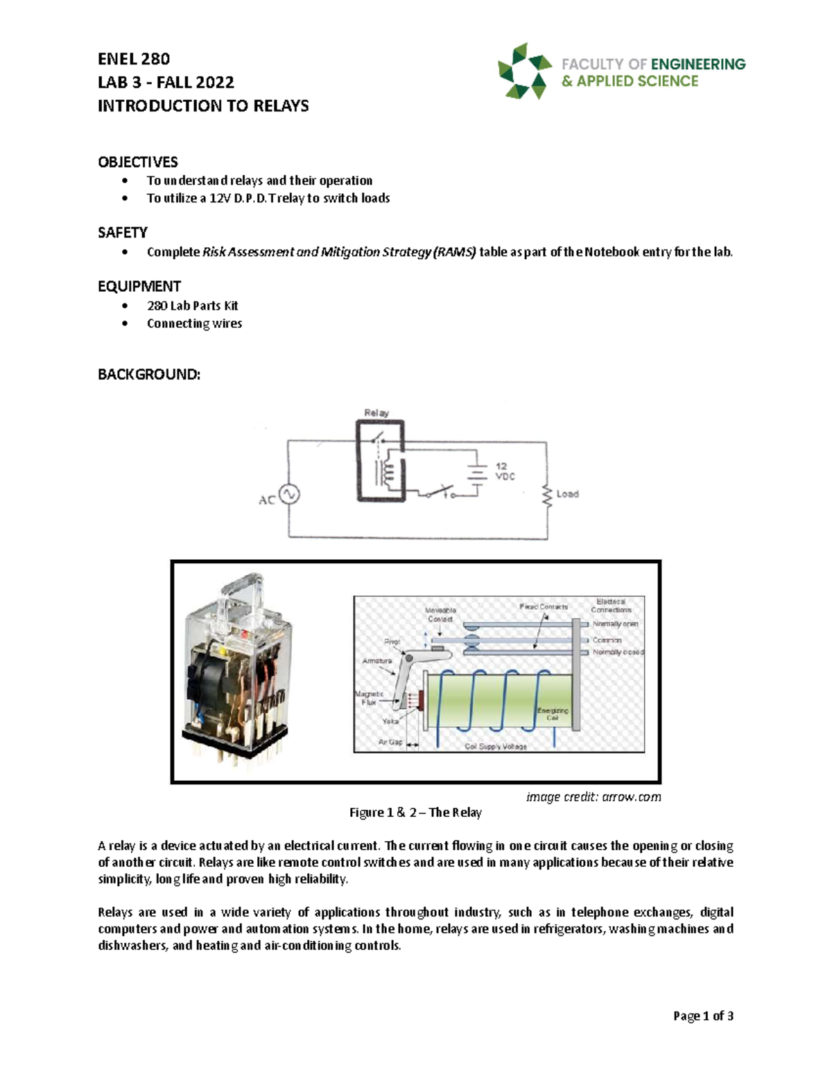 2022 ENEL 280 lab 3 - Lab 3 Outline - ENEL 280 LAB 3 - FALL 2022 INTRODUCTION TO RELAYS Page 1 ...