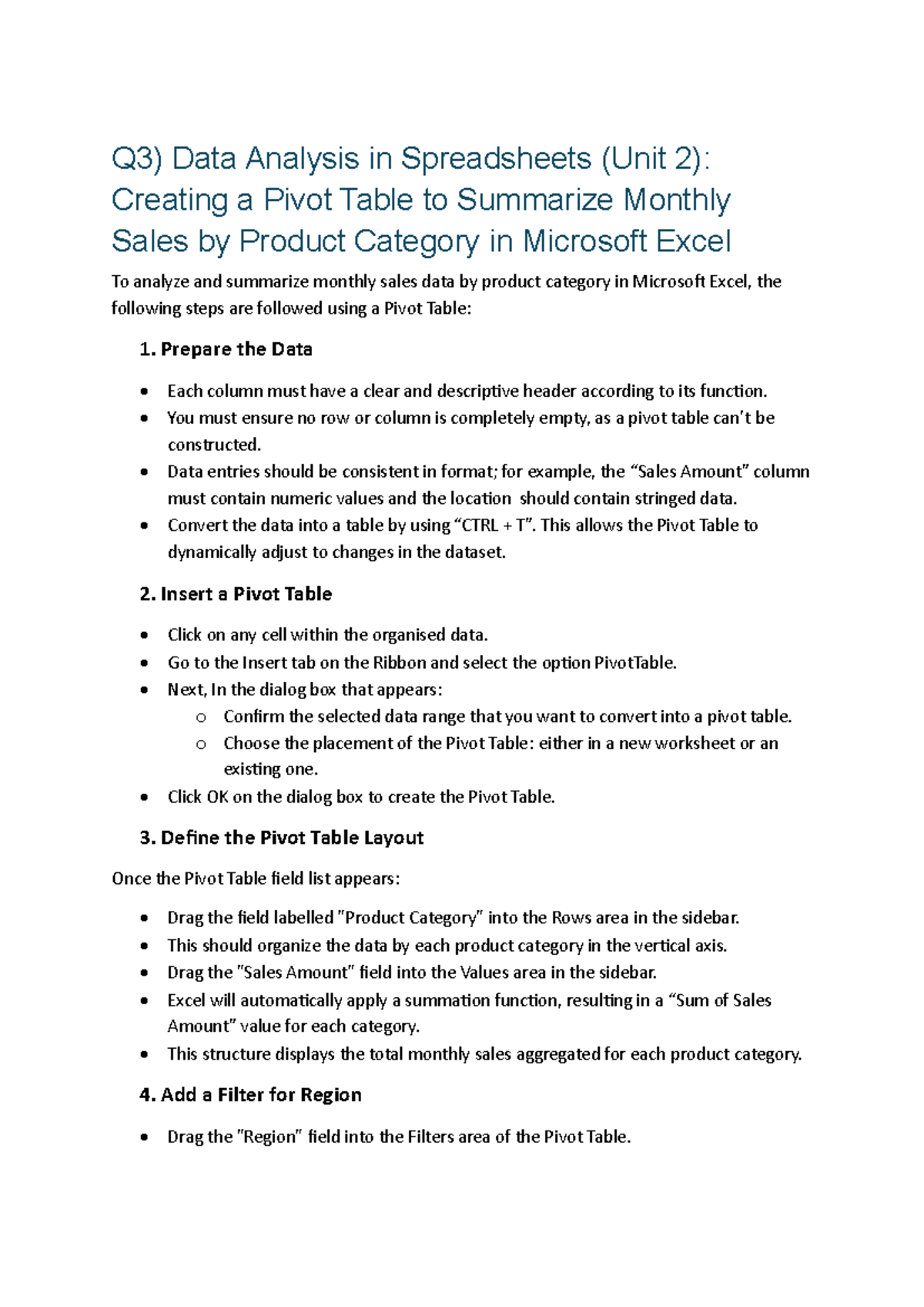 Q3) Data Analysis in Spreadsheets (Unit 2): Pivot Table for Monthly ...
