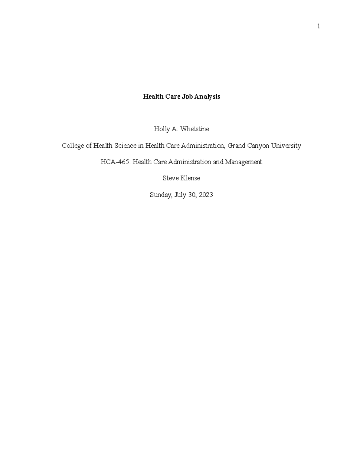 HCA-465: Job Analysis for Quality Improvement Specialist in Health Care ...