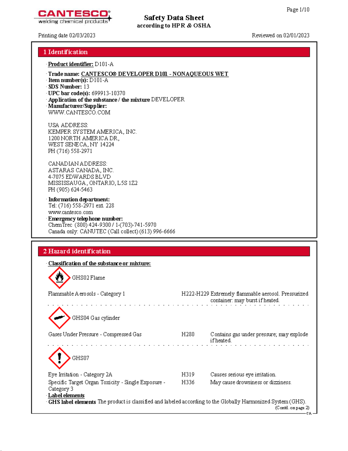 Safety Data Sheet for DEVELOPER D101 (SDS No. 13) - Studocu