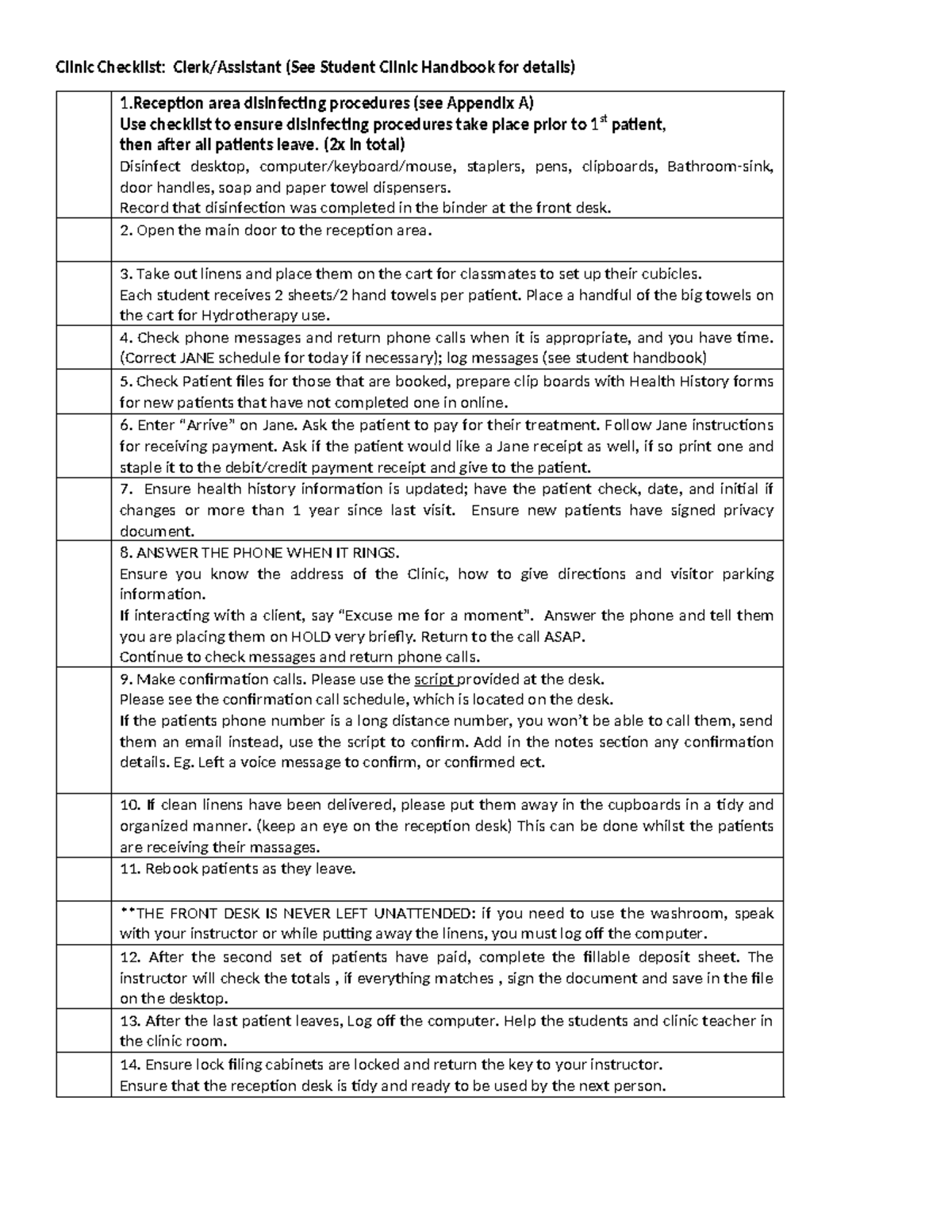 Clinic Checklist for Reception Duties - CLIN 101 - Studocu