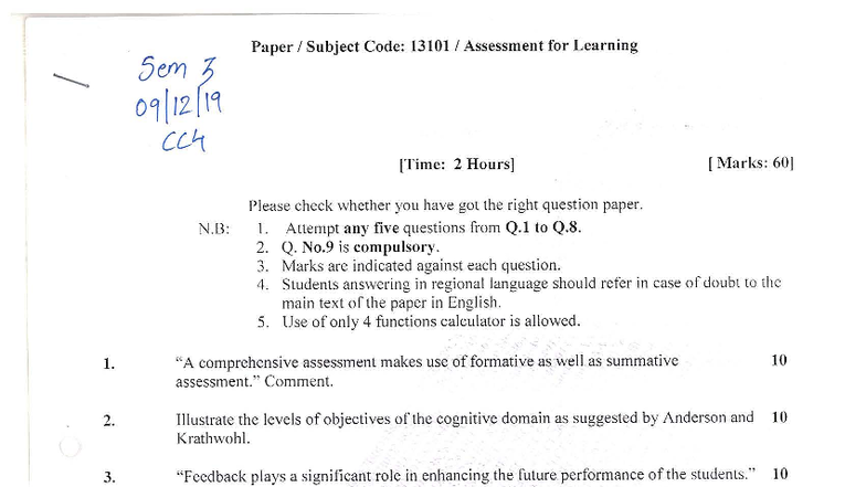 Assessment for Learning 13101 - Sem 3 Question Paper 2019 - Studocu