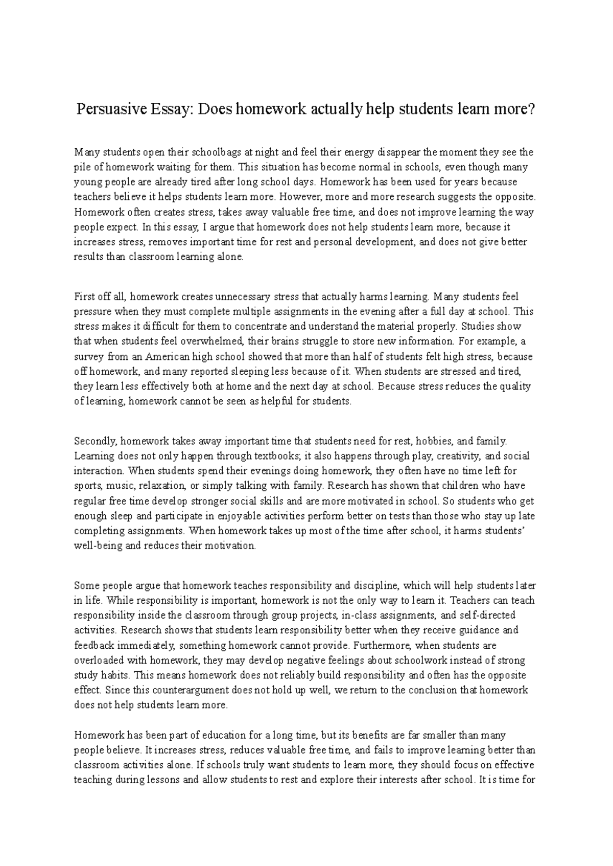 Persuasive Essay: The Impact of Homework on Student Learning - Studeersnel
