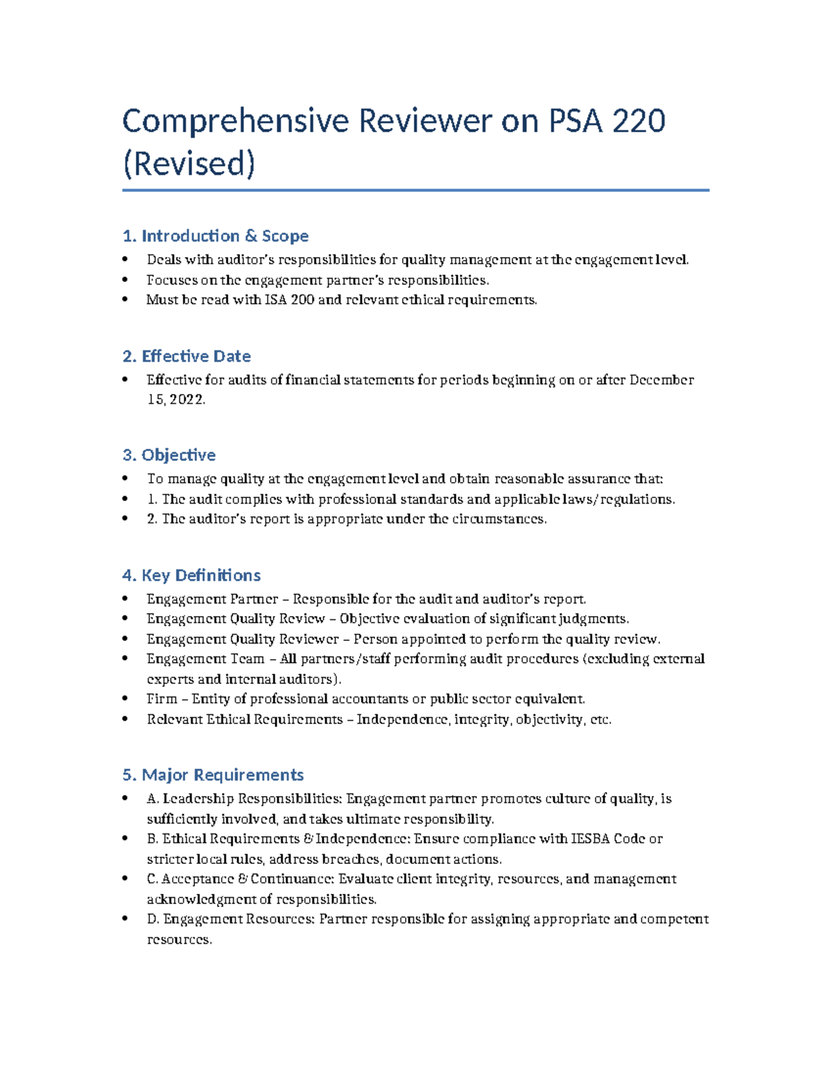PSA 220 Revised: Comprehensive Quality Management Reviewer - Studocu