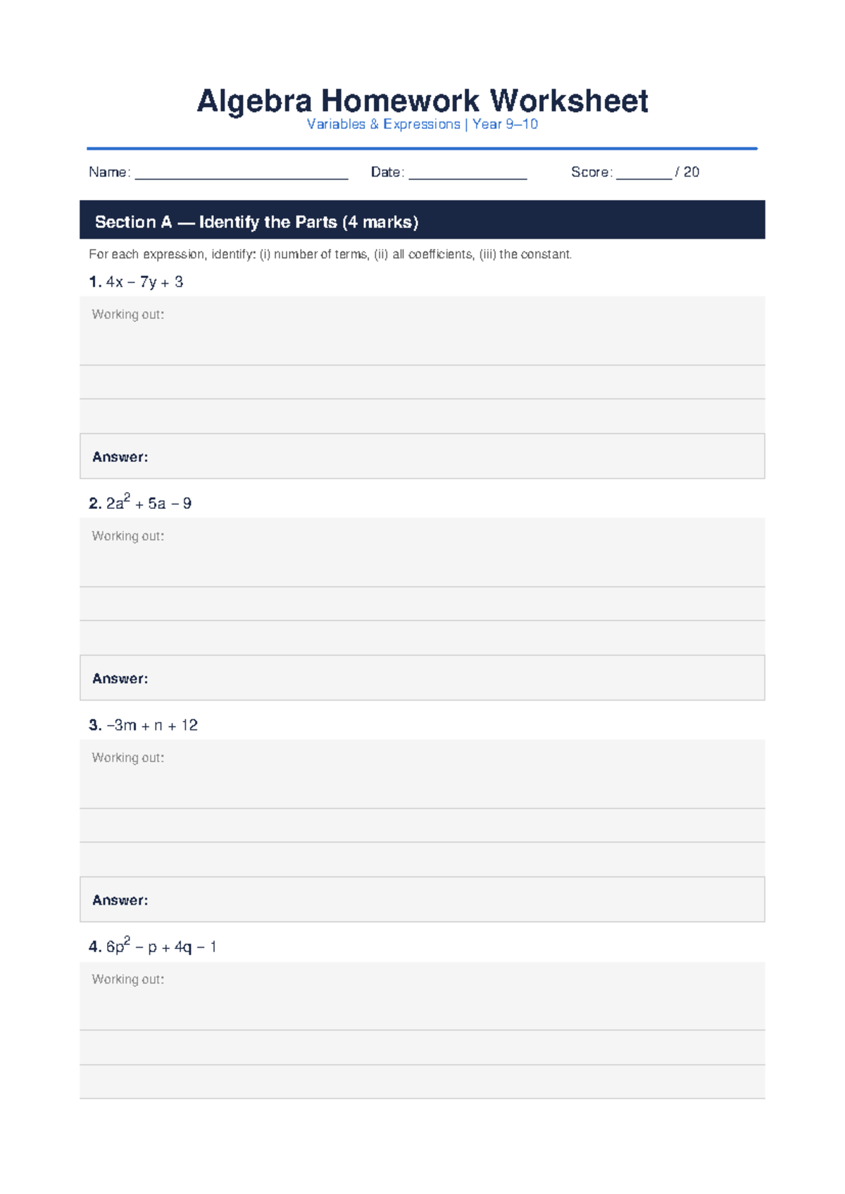 Algebra Homework Worksheet: Variables & Expressions - Studocu