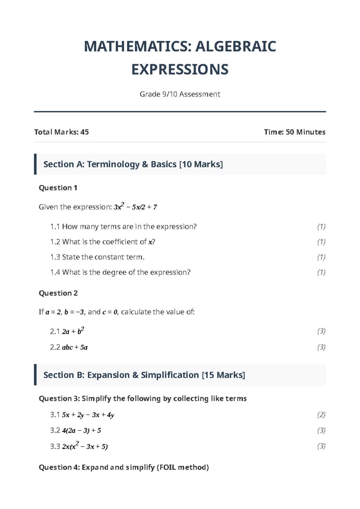 MATHEMATICS: ALGEBRAIC EXPRESSIONS Grade Assessment Worksheet - Studocu
