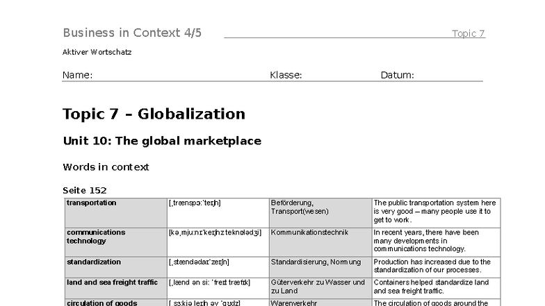 Business in Context Topic 7: Vocabulary for Globalization - Studocu