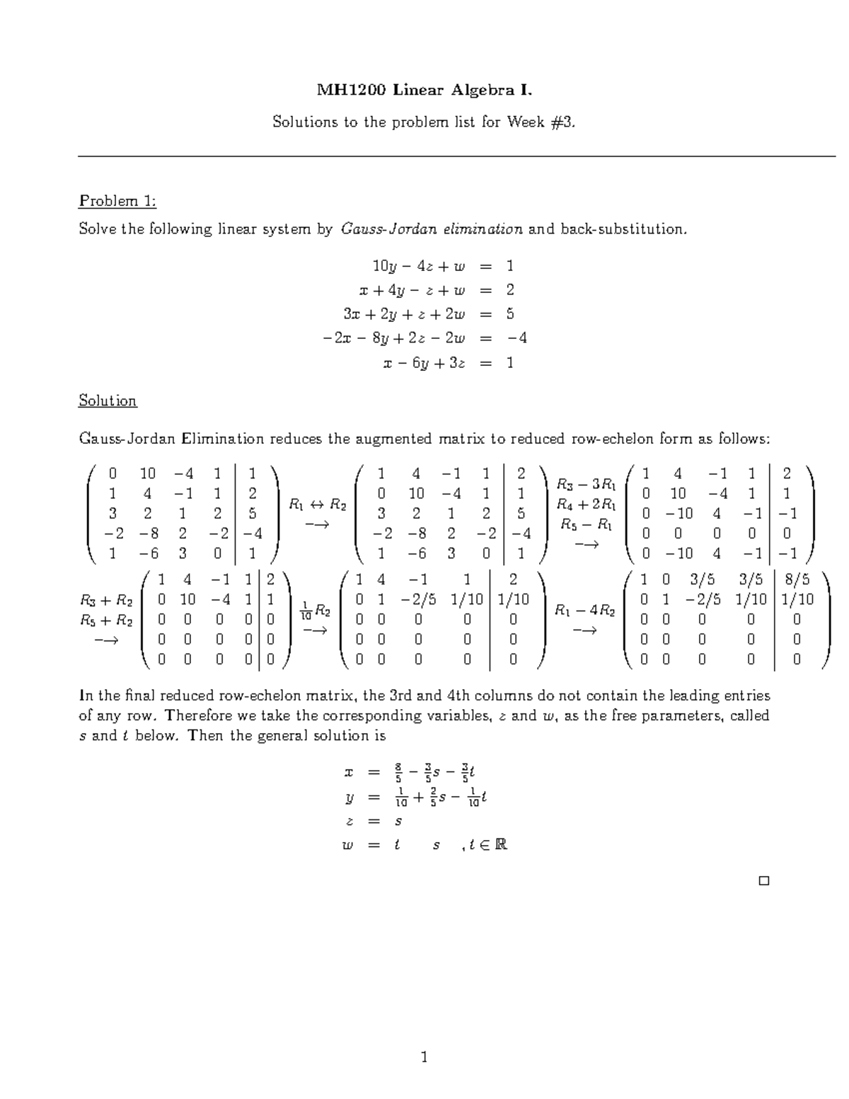 Problem Set 3Solutions - MH1200 Linear Algebra I. Solutions to the ...