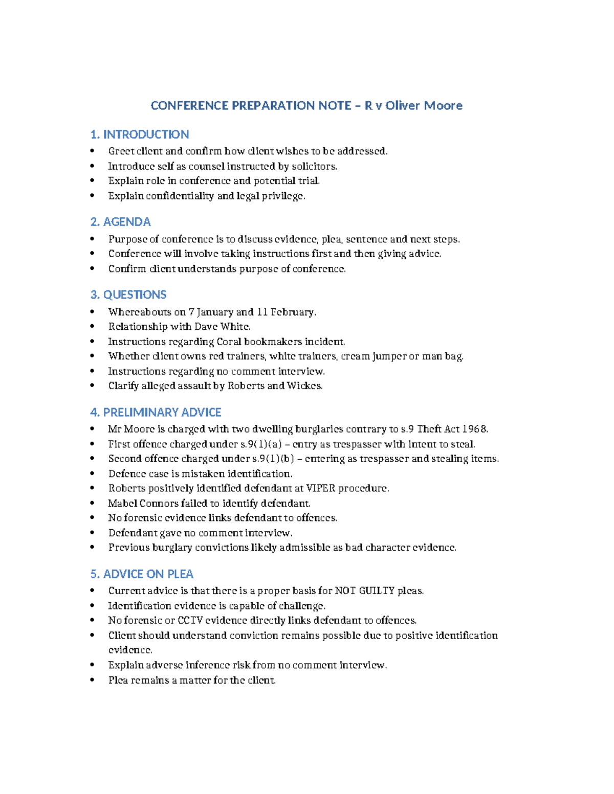 Conference Prep Note: R v Oliver Moore - Legal Strategy & Advice - Studocu