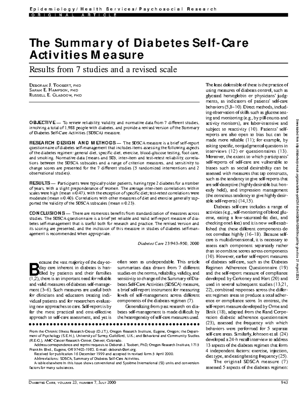 The Summary of Diabetes Self-Care Activities Measure - B ecause the ...