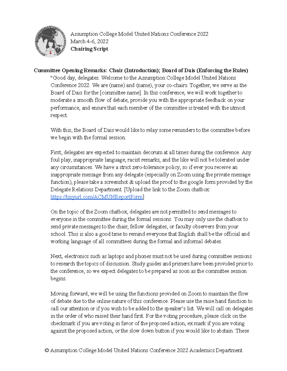 Chairing Script - Used for MUN - Assumption College Model United ...