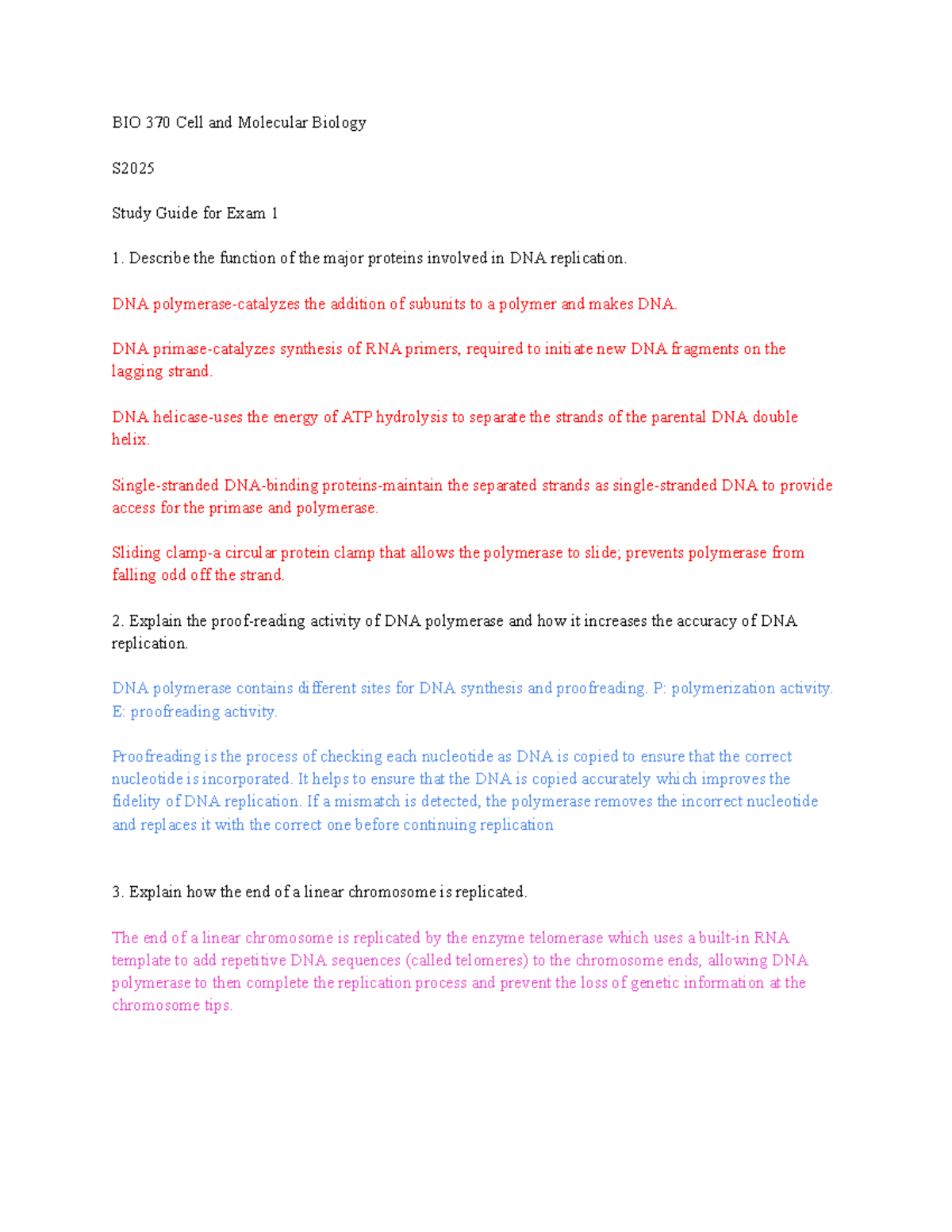BIO 370 Study Guide for Exam 1: Cell and Molecular Biology Concepts ...