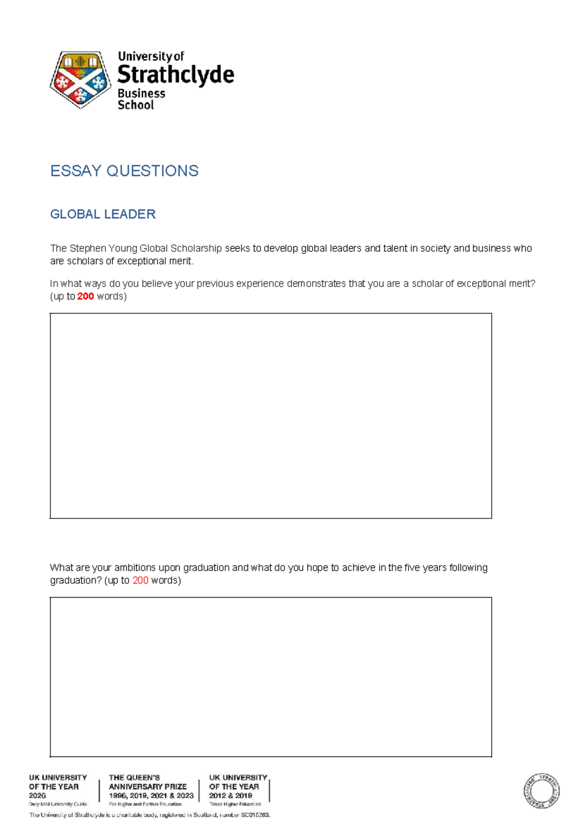 ESSAY QUESTIONS FOR THE STEPHEN YOUNG GLOBAL SCHOLARSHIP - Studocu