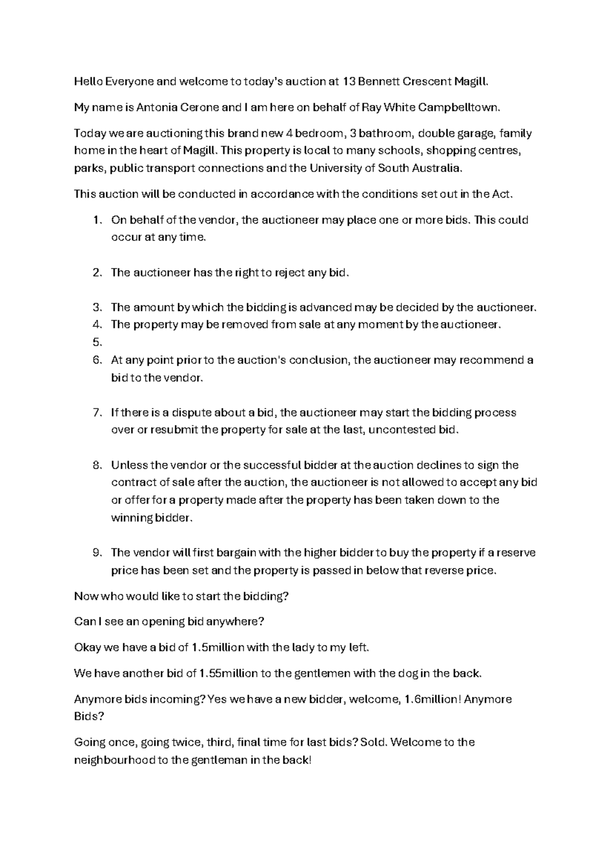 Auction Script for Property at 13 Bennett Crescent, Magill - Studocu