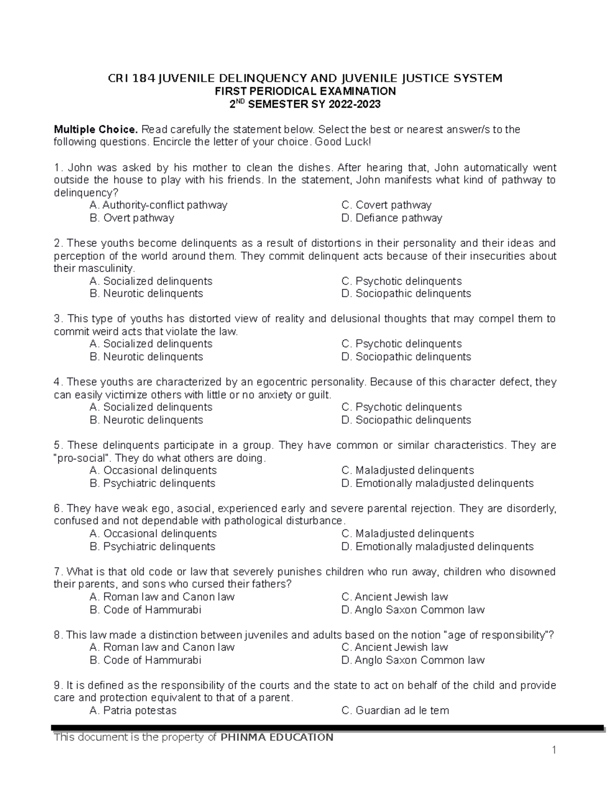 Final Exam Review: SAS CRI 184 Juvenile Delinquency & Justice System ...