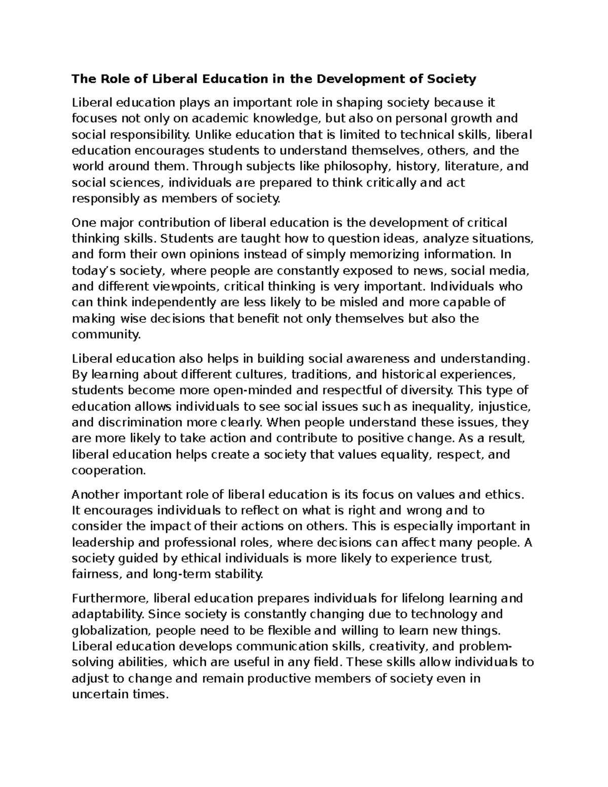 The Impact of Liberal Education on Society Development (Course Code: 4 ...