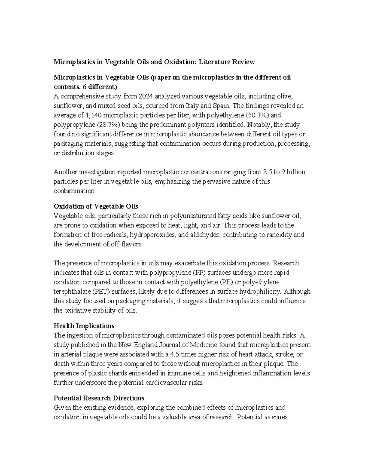 Microplastics in Vegetable Oils: A 2024 Literature Review on Oxidation ...