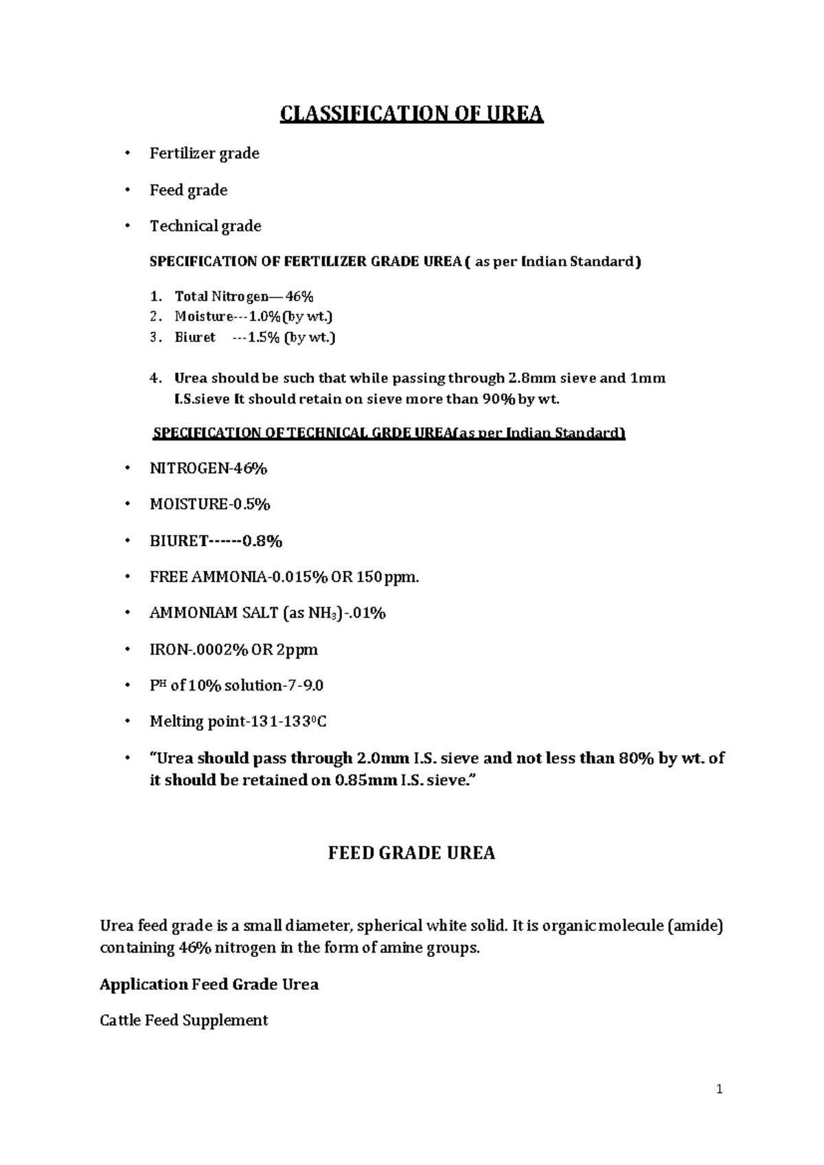Classification of Urea: Fertilizer, Feed & Technical Grades - Studocu