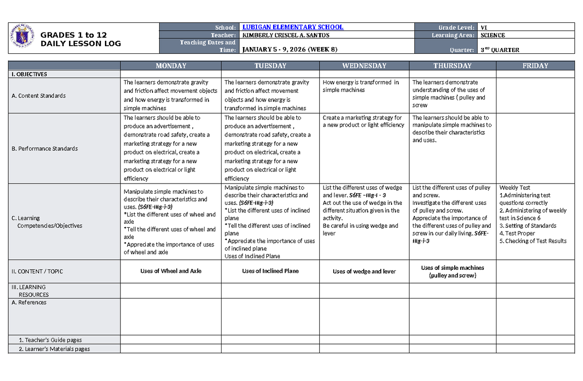 DLL Science 6 Q3 W8: Daily Lesson Log on Simple Machines - Studocu