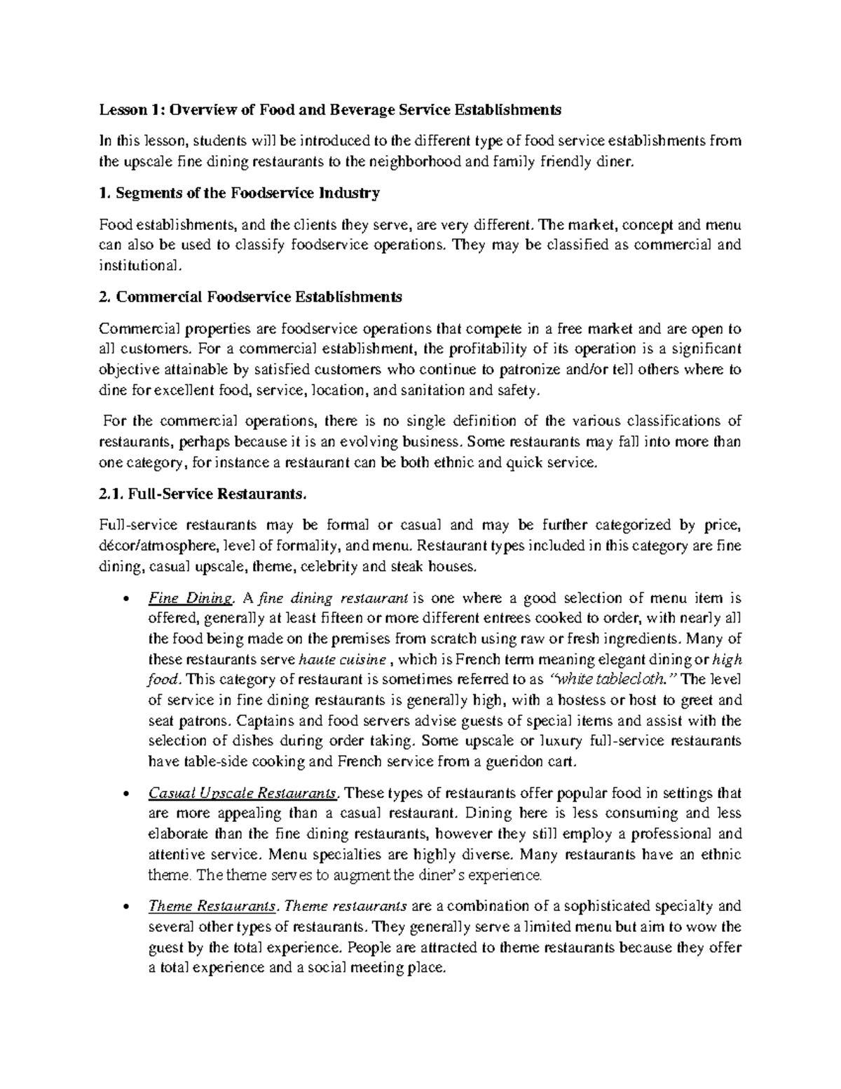 Overview of Food and Beverage Service Establishments - 1. Segments of ...