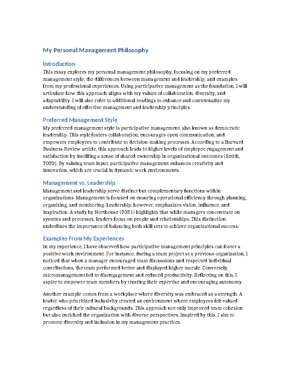 Personal Management Philosophy Essay: A Participative Approach - Studocu