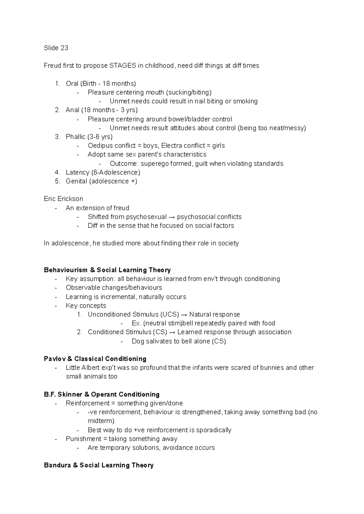 FRHD 2270 Lecture 1: Freud, Behaviorism, and Cognitive Development - Studocu