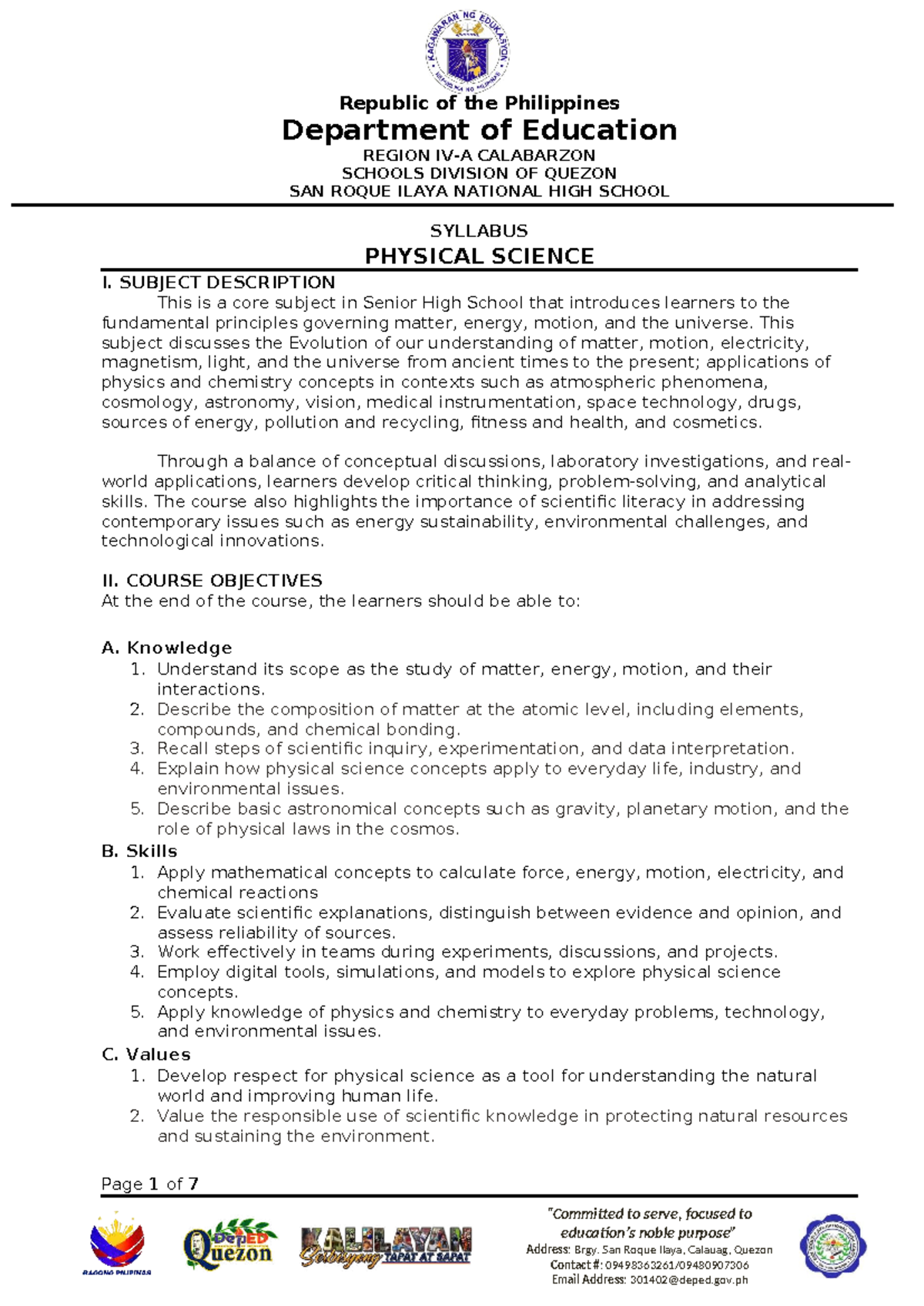 PHYS 101: Physical Science Syllabus for Senior High School - Studocu