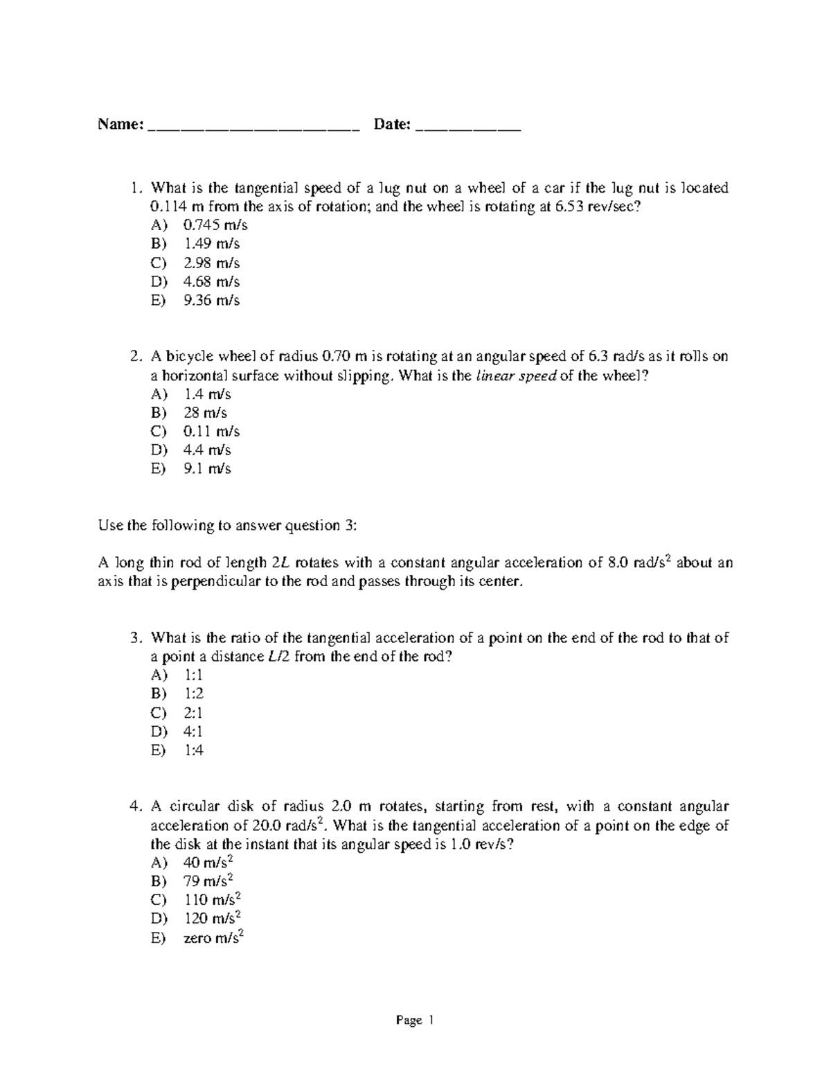 Physics Quiz: Rotational Motion and Harmonic Oscillators - Studocu