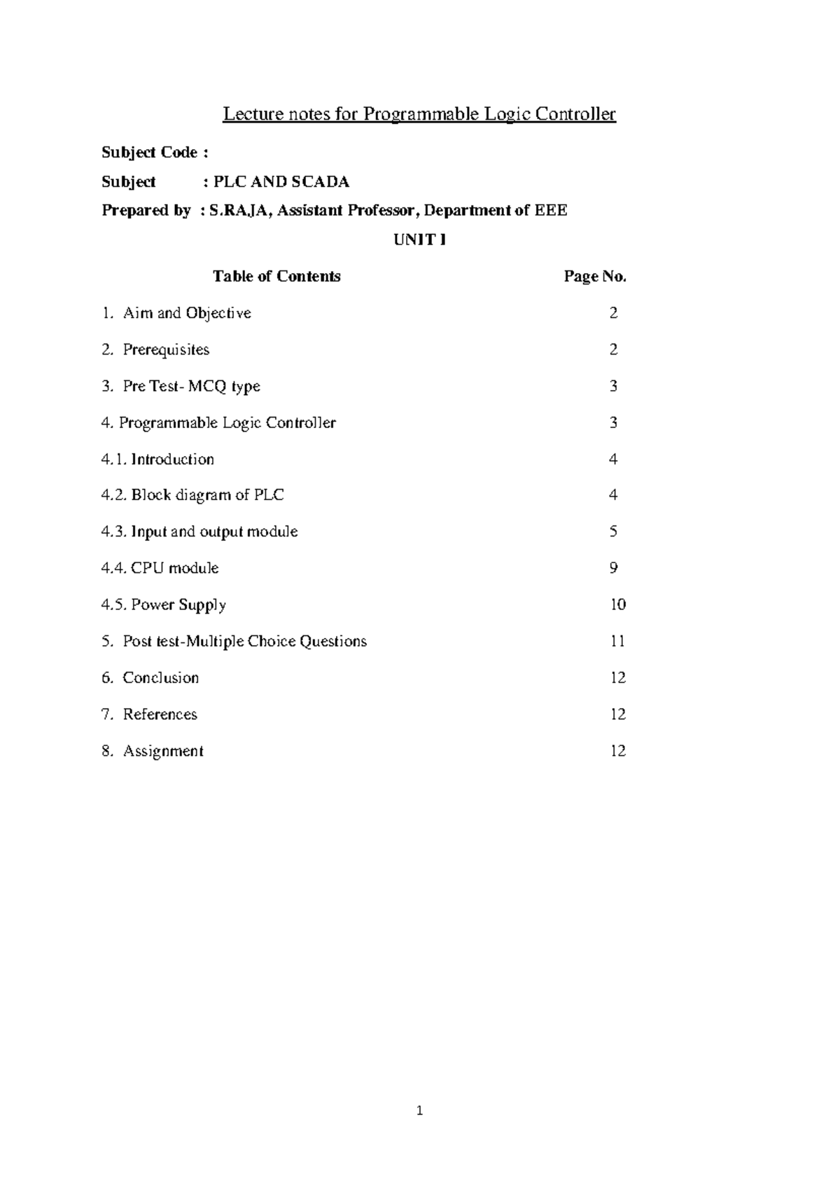 Lecture Notes on PLC and SCADA (Subject Code: PLC-5th-Sem) - Studocu