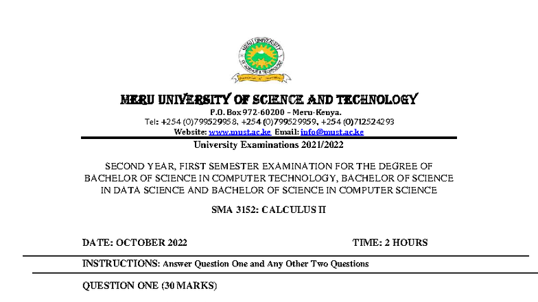 SMA 3152: Calculus II Exam Questions and Solutions - Oct 2022 - Studocu