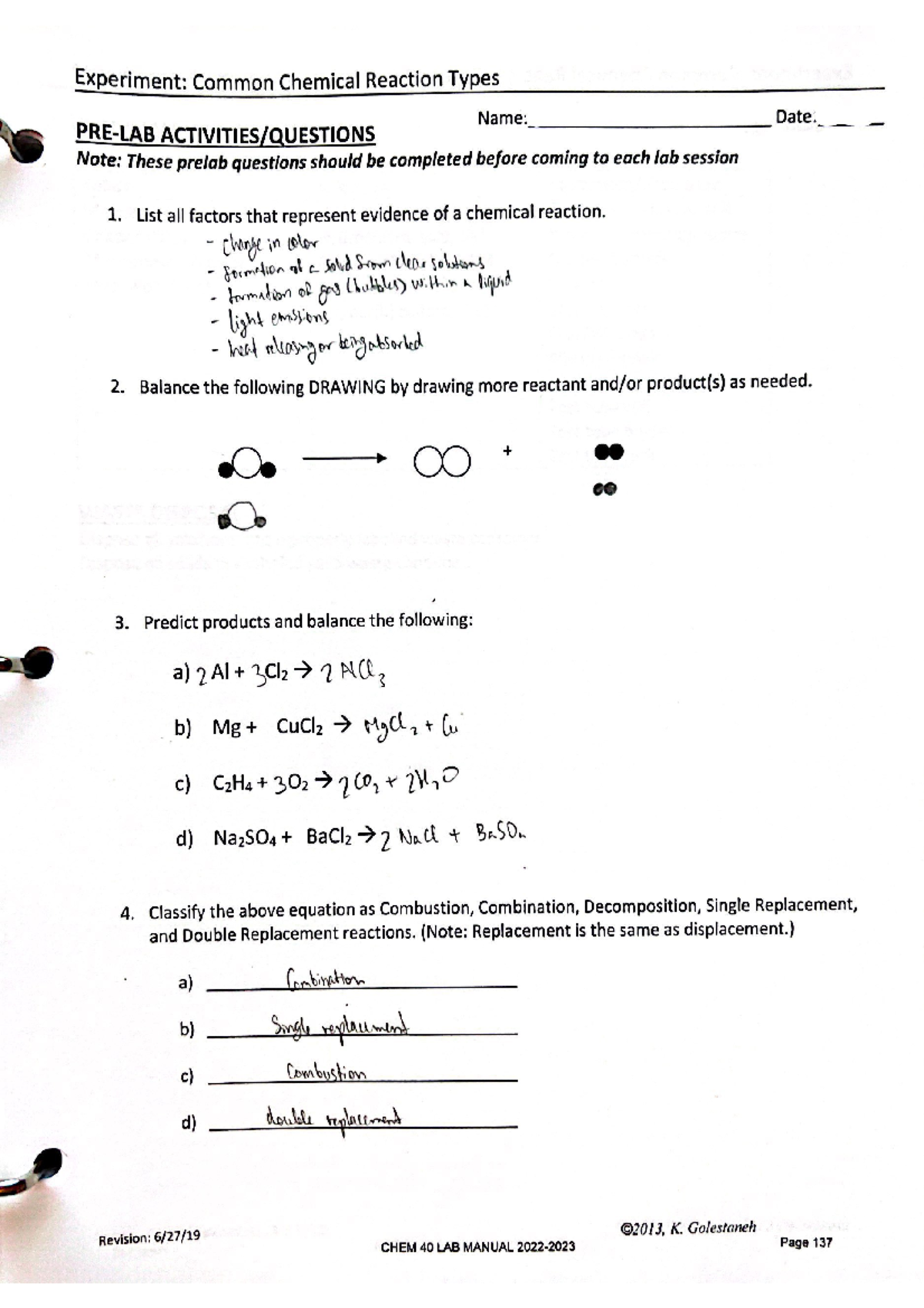 Common Chemical Reactions Pre-Lab - Experiment: Common Chemical ...