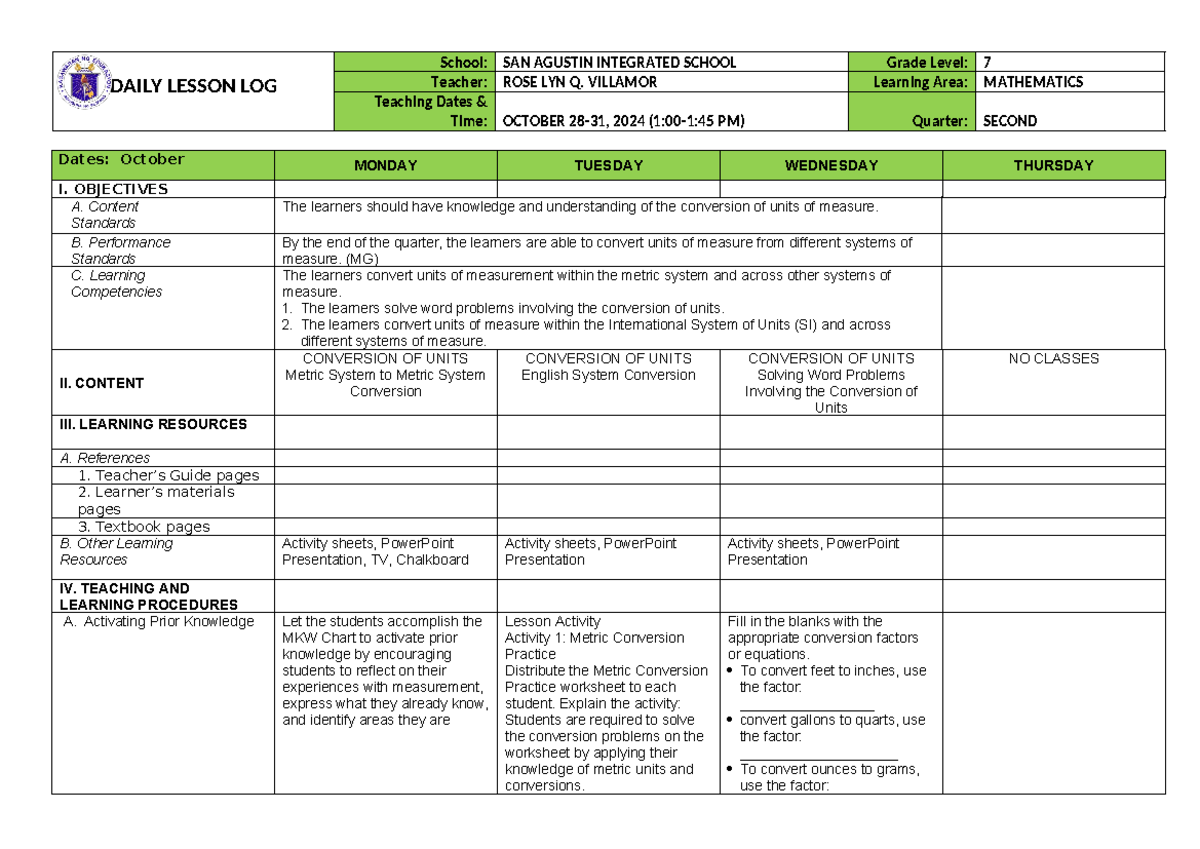 OCT28-31 MATH7 - DLL for math 7 - DAILY LESSON LOG School: SAN AGUSTIN ...