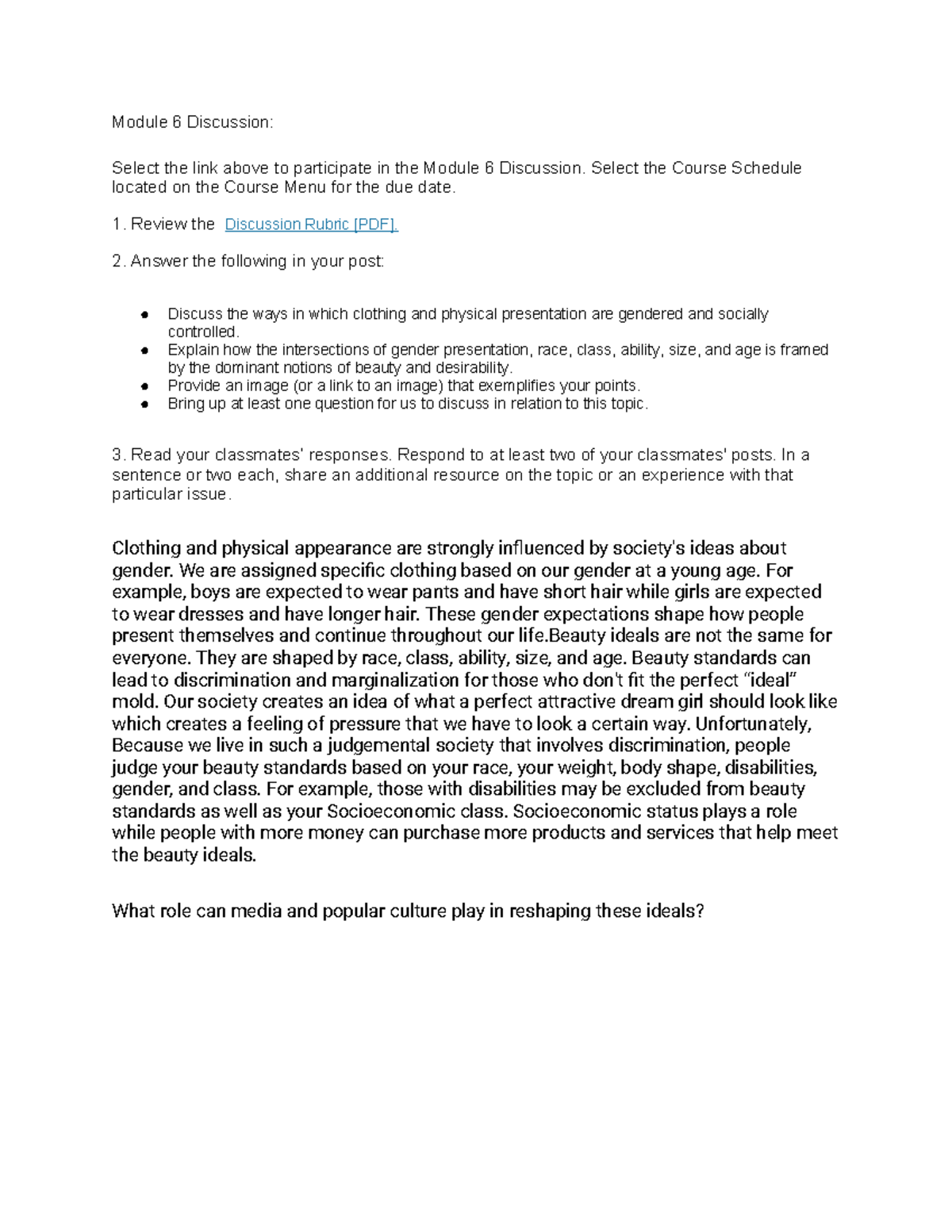 WSmod6- discussion - Module 6 Discussion: Select the link above to ...