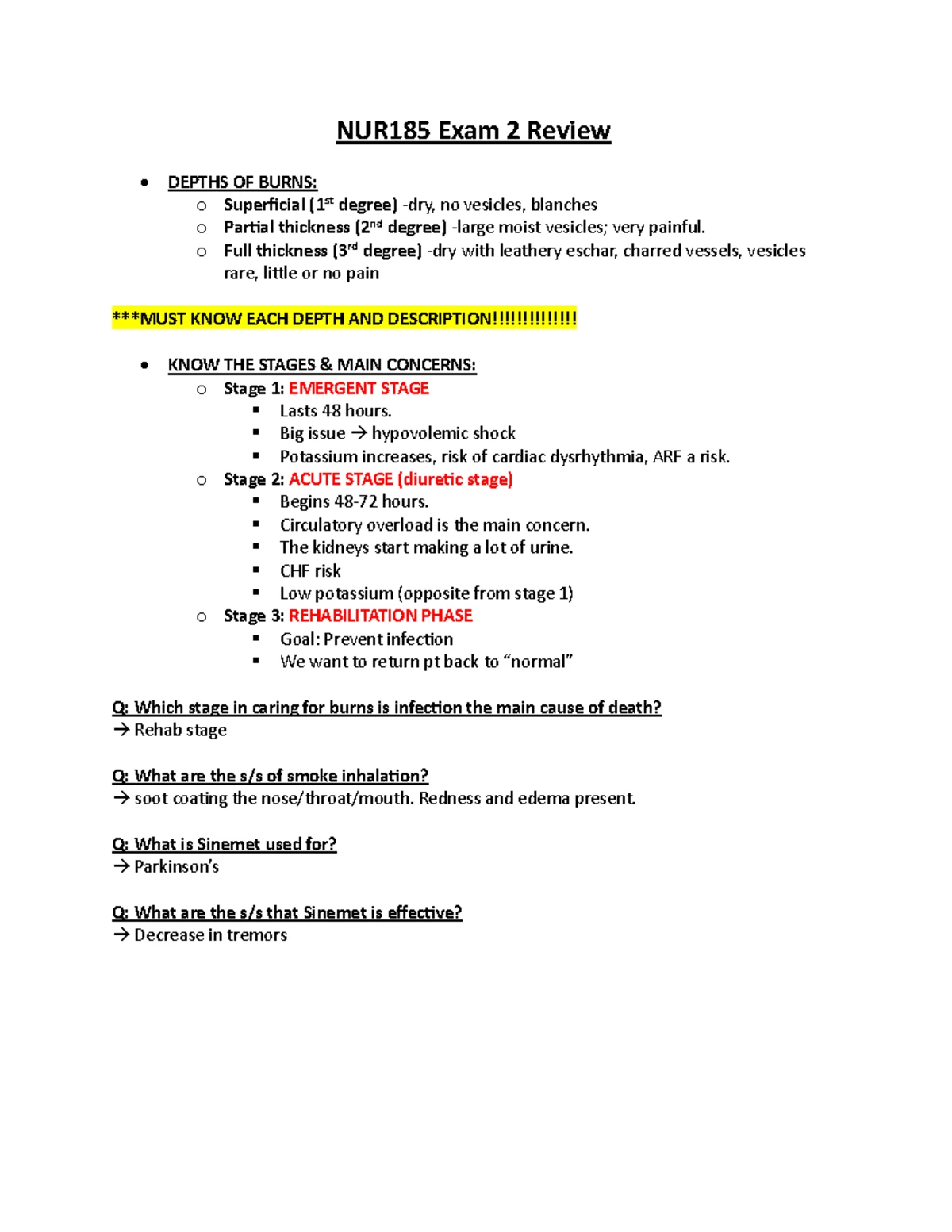 NURS 185 Exam 2 Review: Key Concepts and Nursing Practices - Studocu