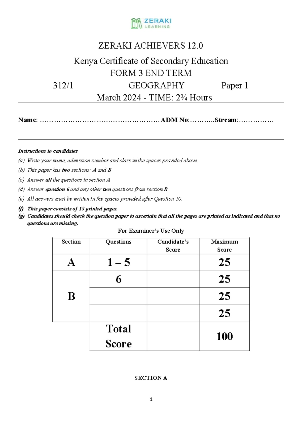 Geography Form 3 End Term Exam Paper 1 - March 2024 - Studocu