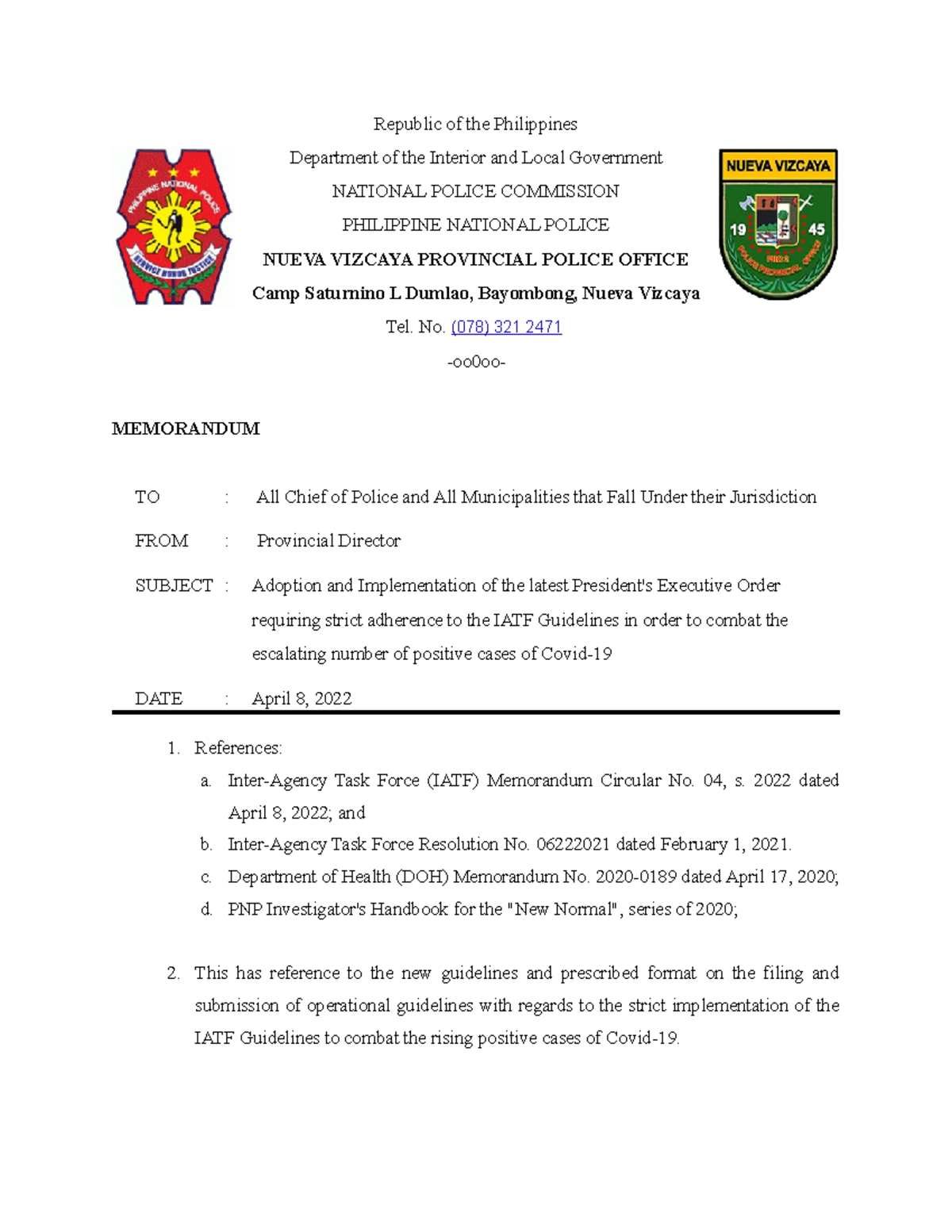 PNP Memorandum on IATF Guidelines Implementation for COVID-19 - Studocu