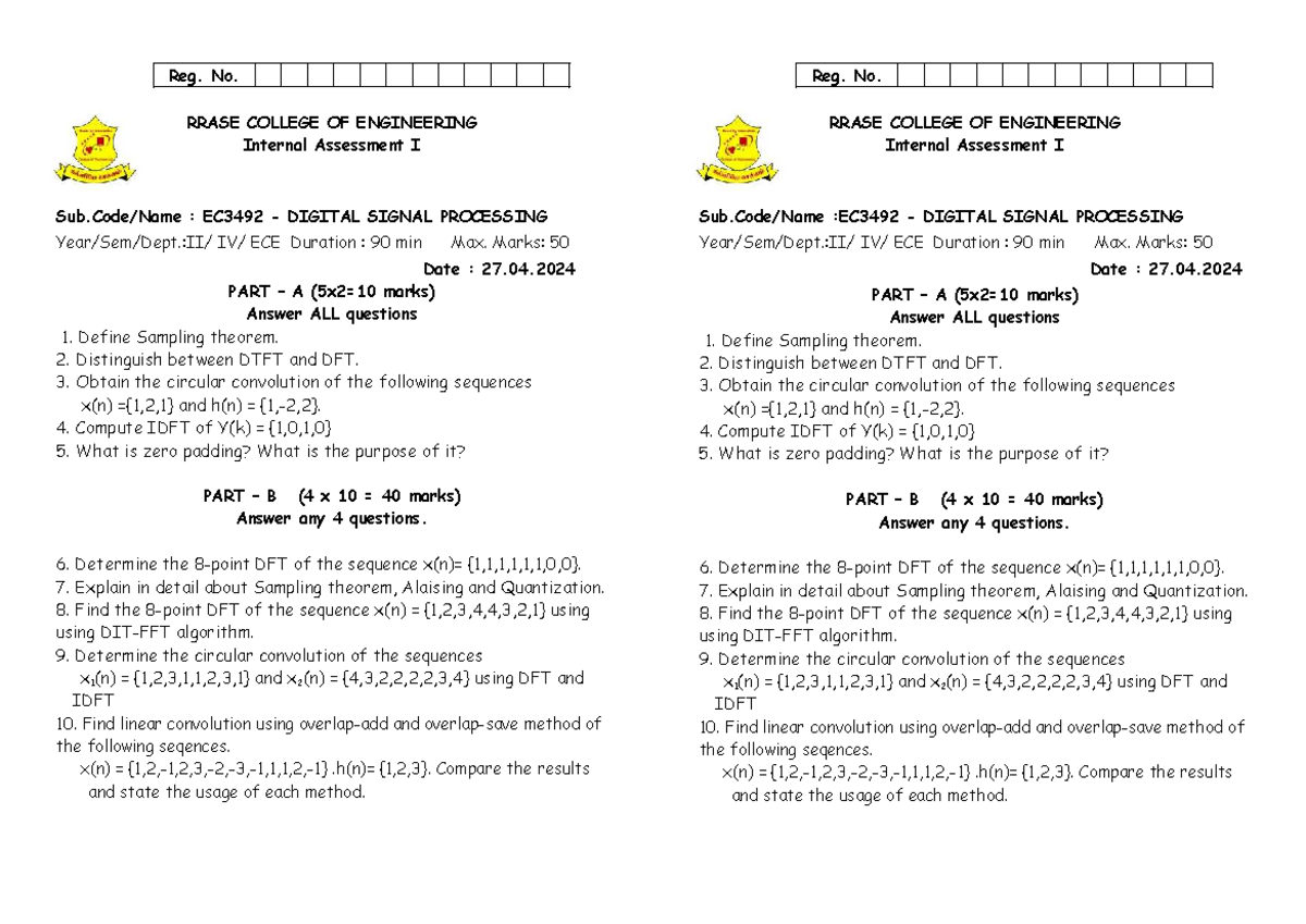 EC3492 Digital Signal Processing - Internal Assessment I - Studocu