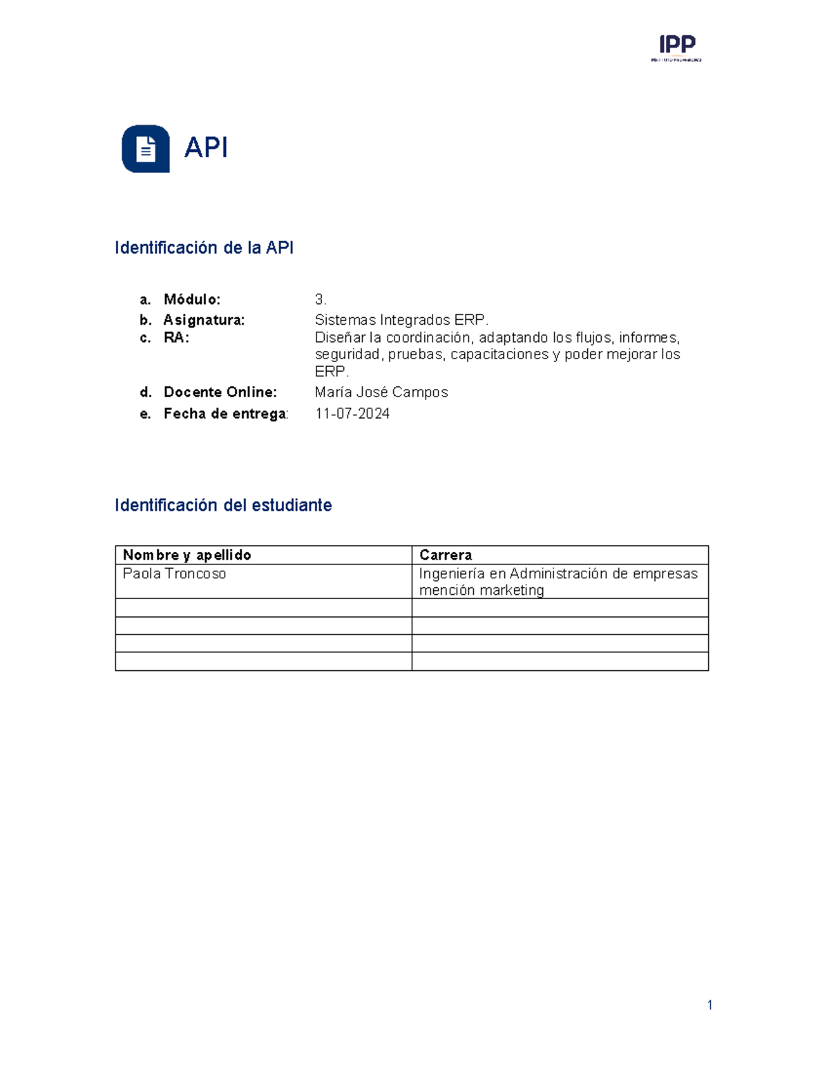 Formato API-3: Trabajo del Módulo 3 en Sistemas Integrados ERP - Studocu