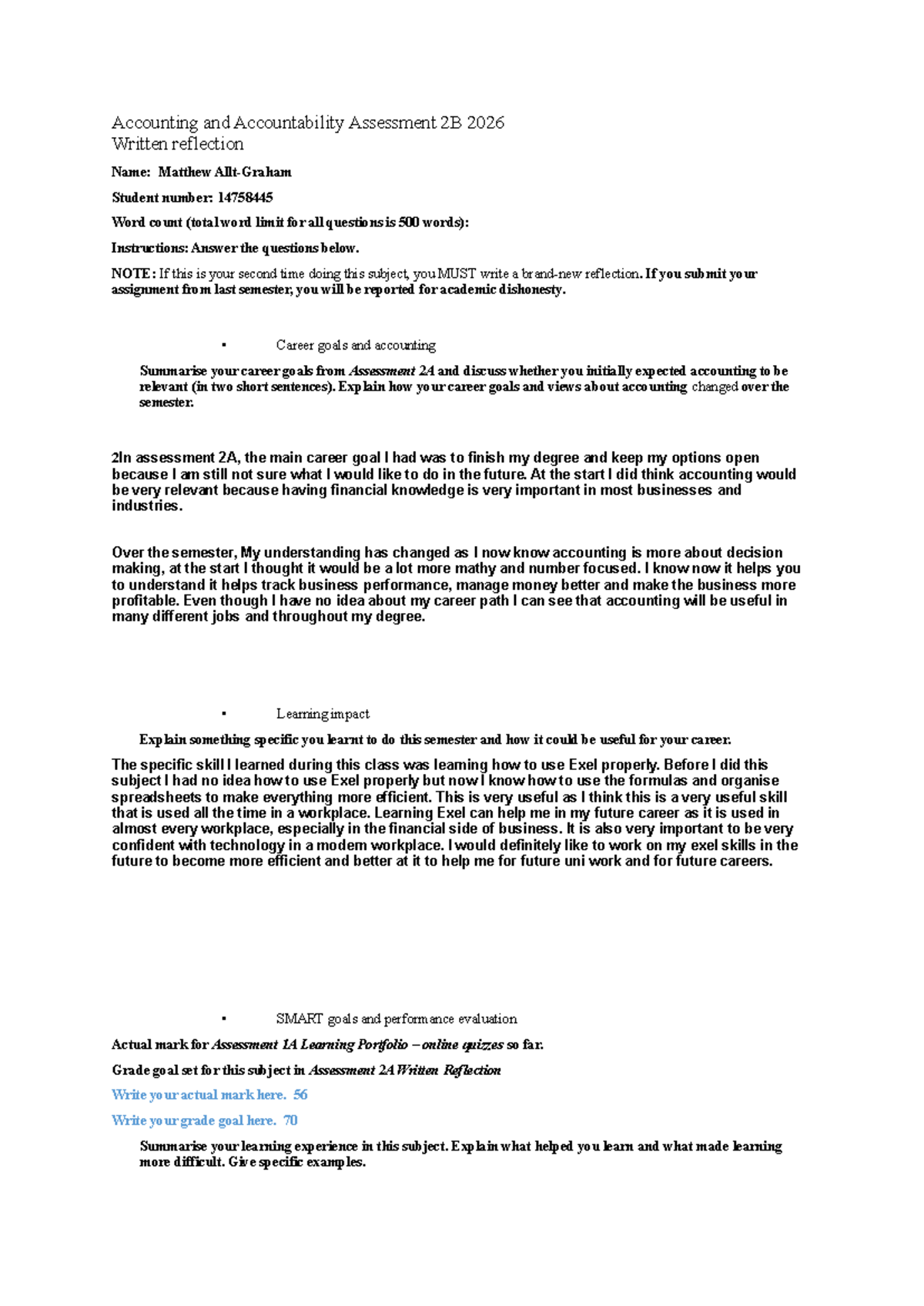 Accounting 2B: Written Reflection on Career Goals and Learning Insights ...