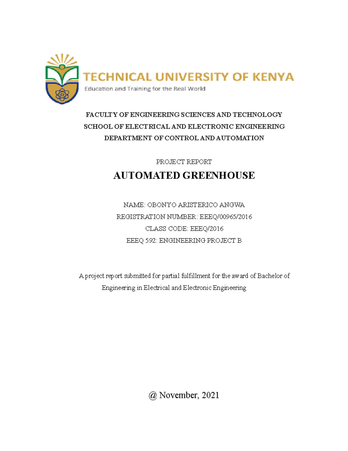 Automated Greenhouse Project Report EEEQ 592 for Engineering Studies ...