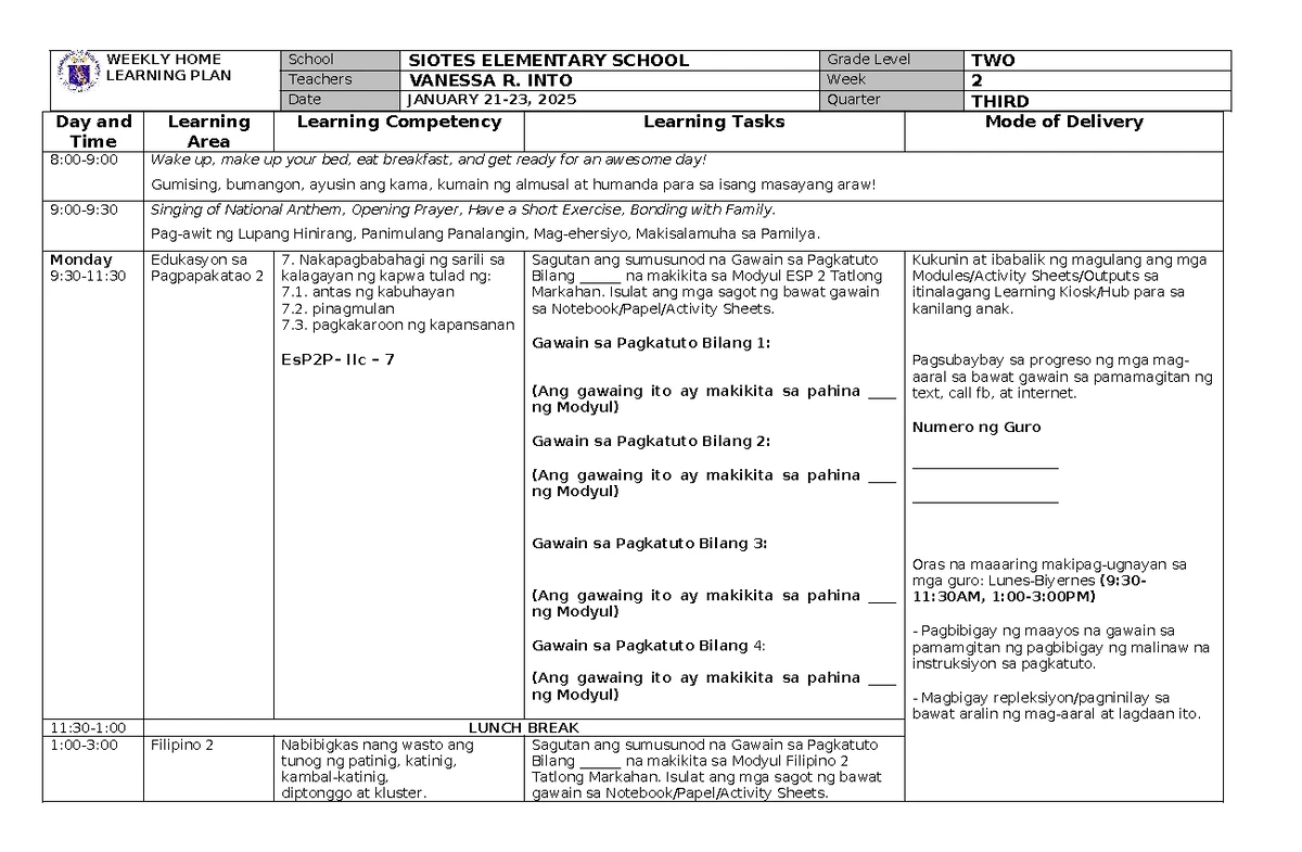 WHLP - Grade 2 (Q3 Week 3) Learning Plan for Siotes Elementary School ...