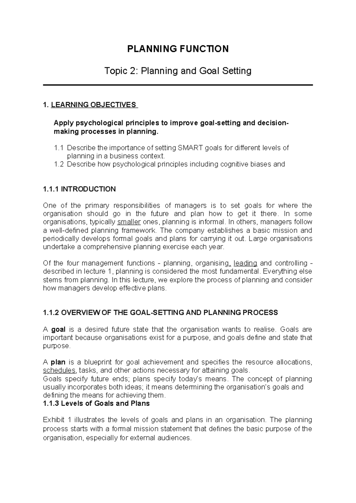 PLANNING FUNCTION: Topic 2 - Planning & Goal Setting (Week 02-03) - Studocu