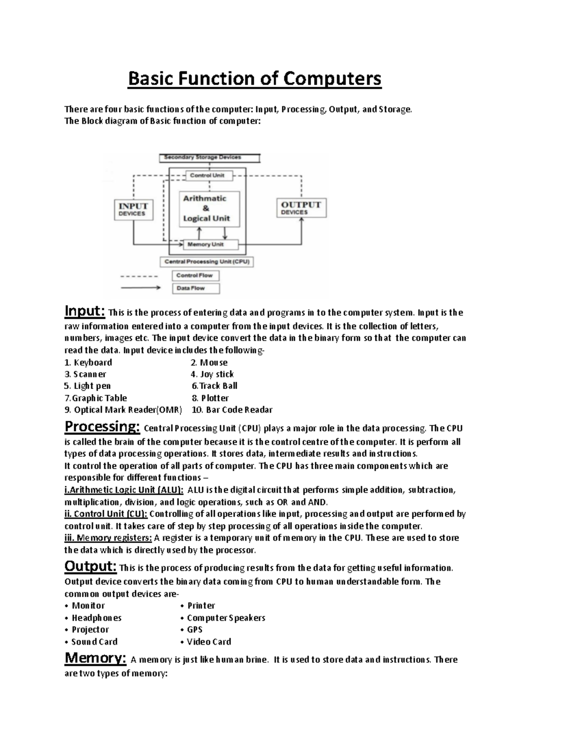 Basic Function of Computer - Basic Function of Computers There are four basic functions of the ...
