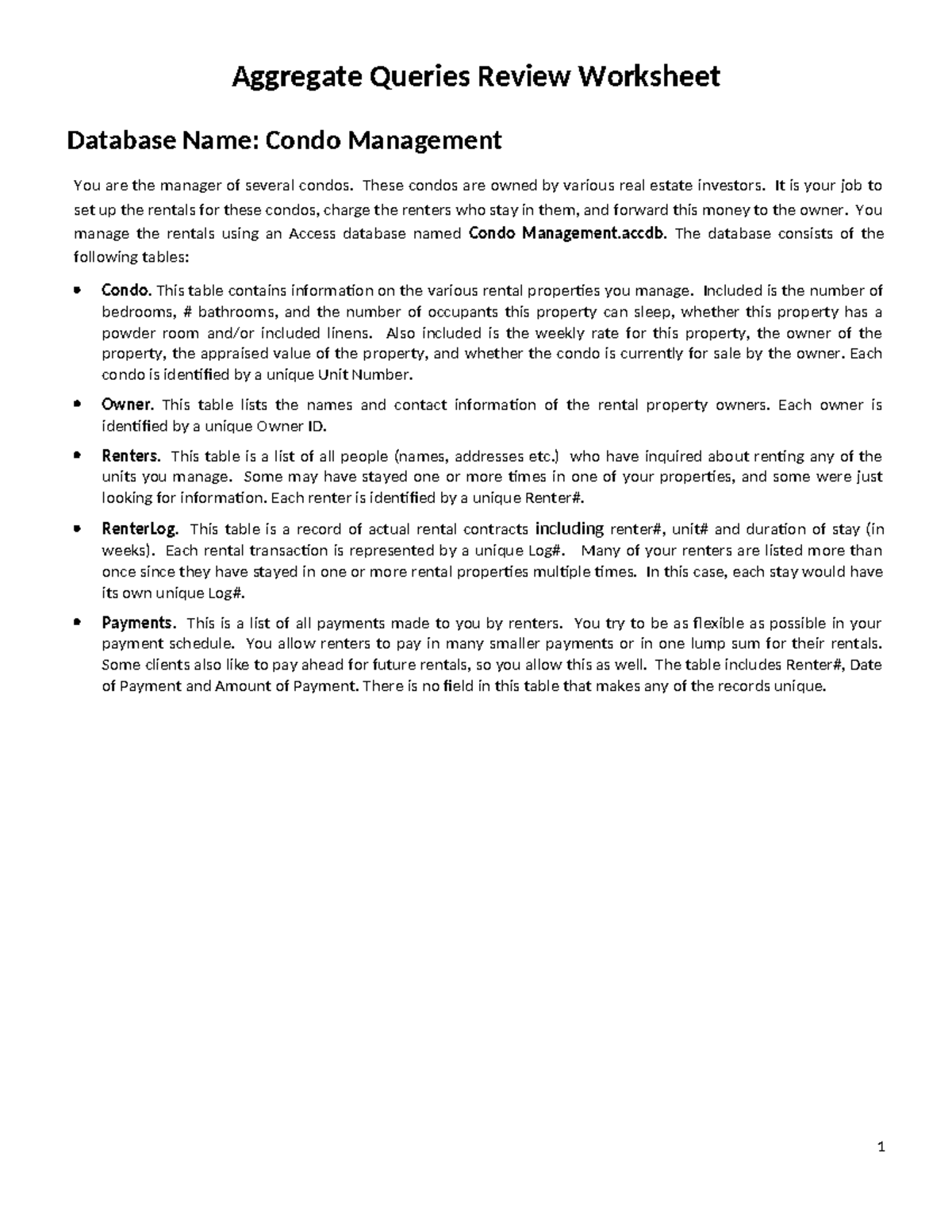 Aggregate Queries Review Worksheet - Condo Management AU22 - Studocu