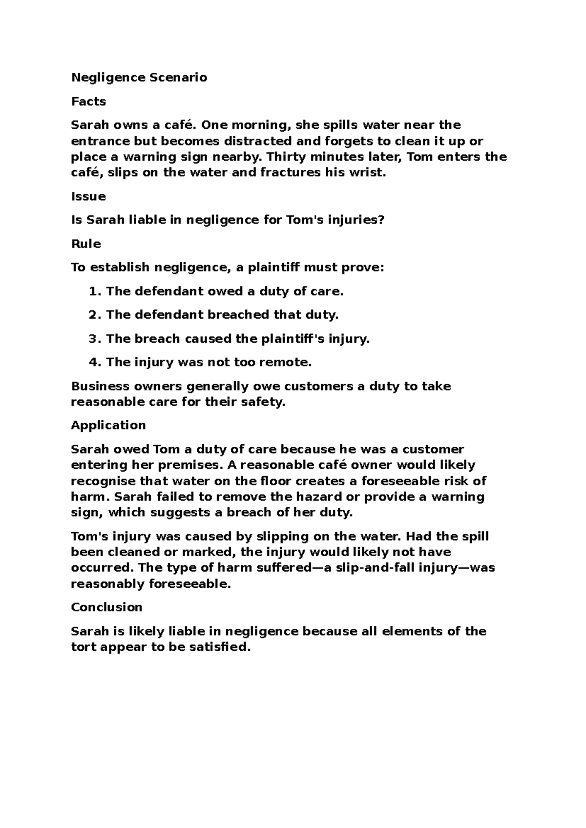Negligence Case Study: Sarah's Café Incident (IRAC) - Studocu