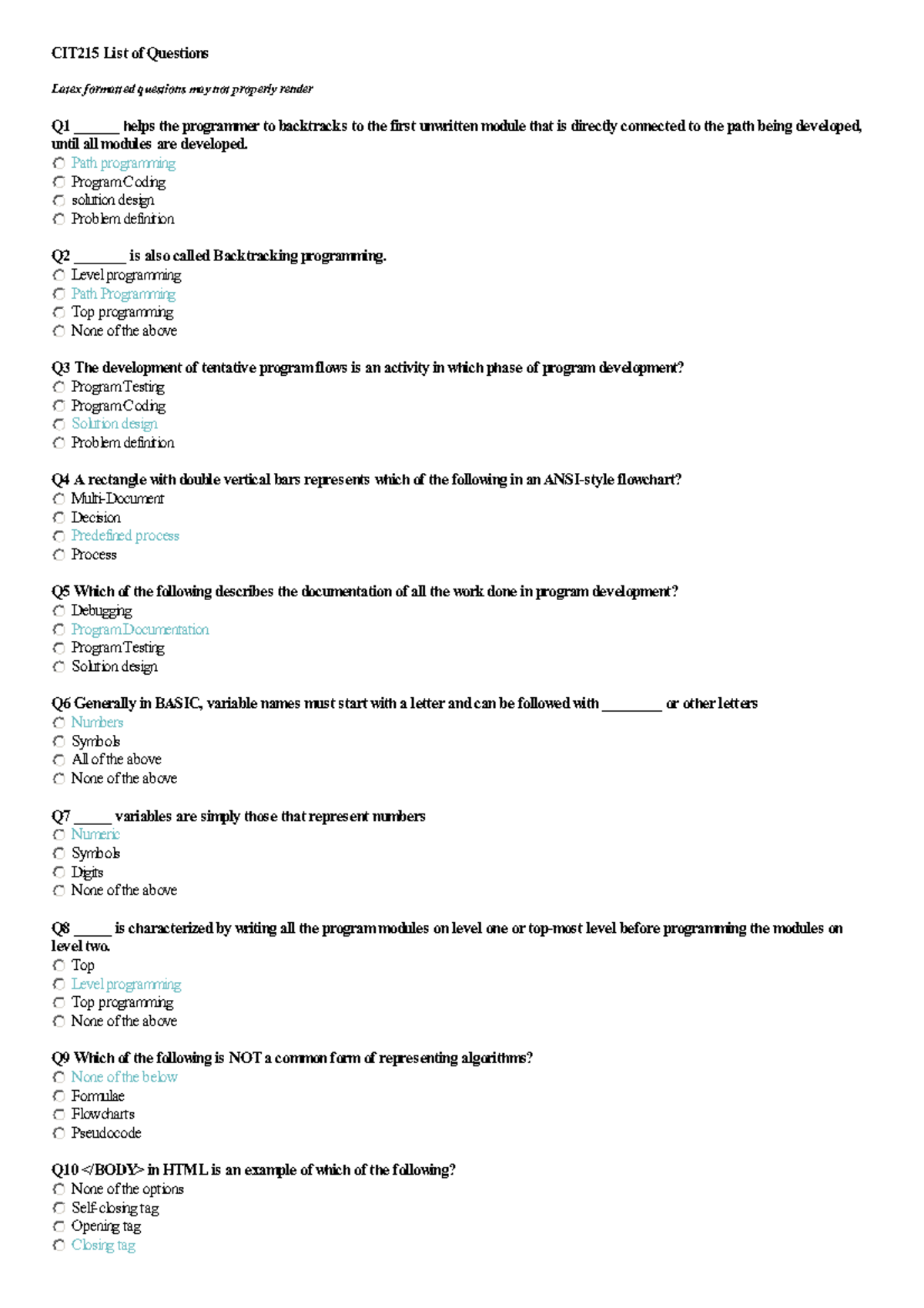 CIT215 Midterm Exam Questions on Programming Concepts - Studocu