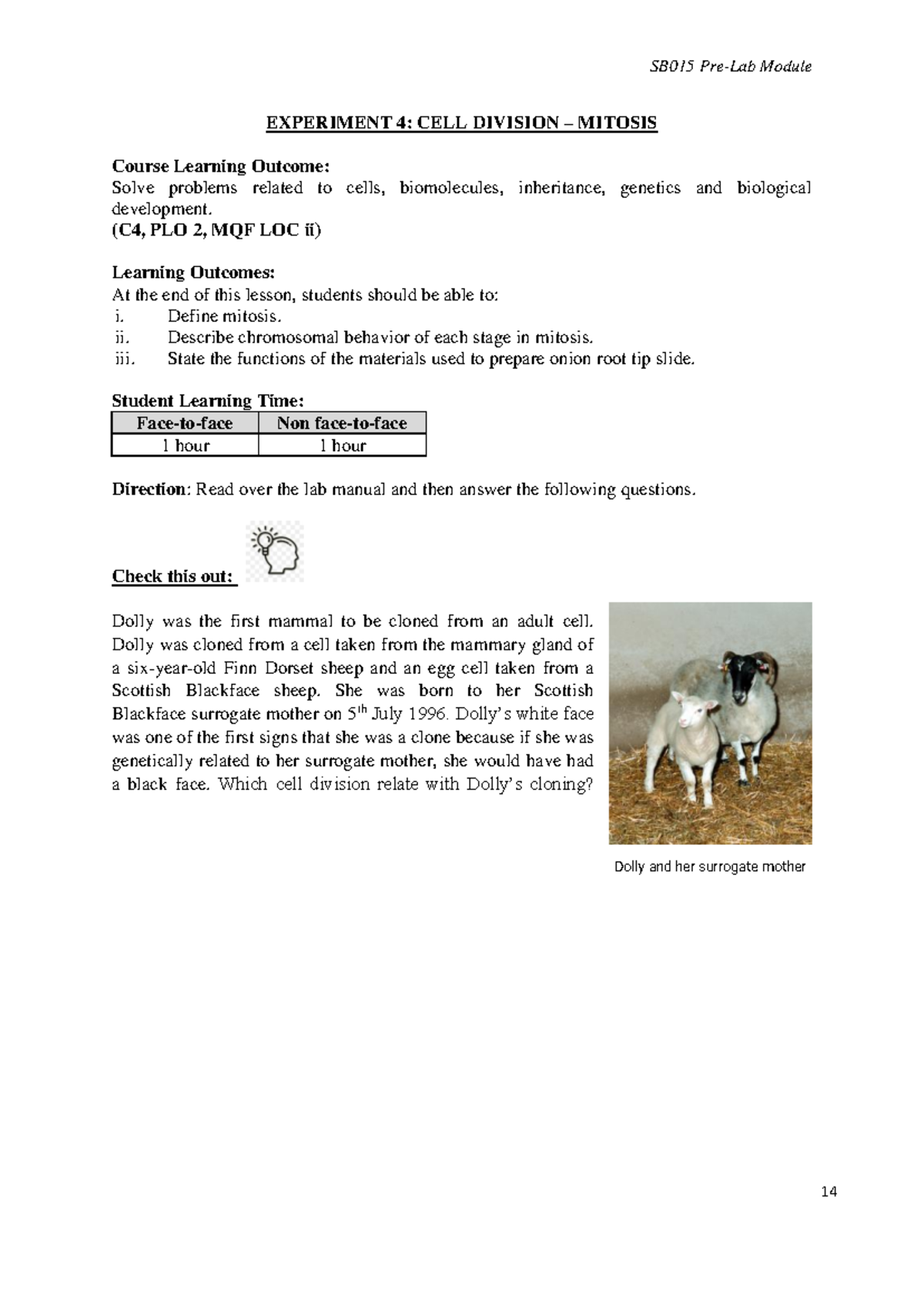 SB015 Module: Pre-Lab on Cell Division & Mitosis (Experiment 4) - Studocu